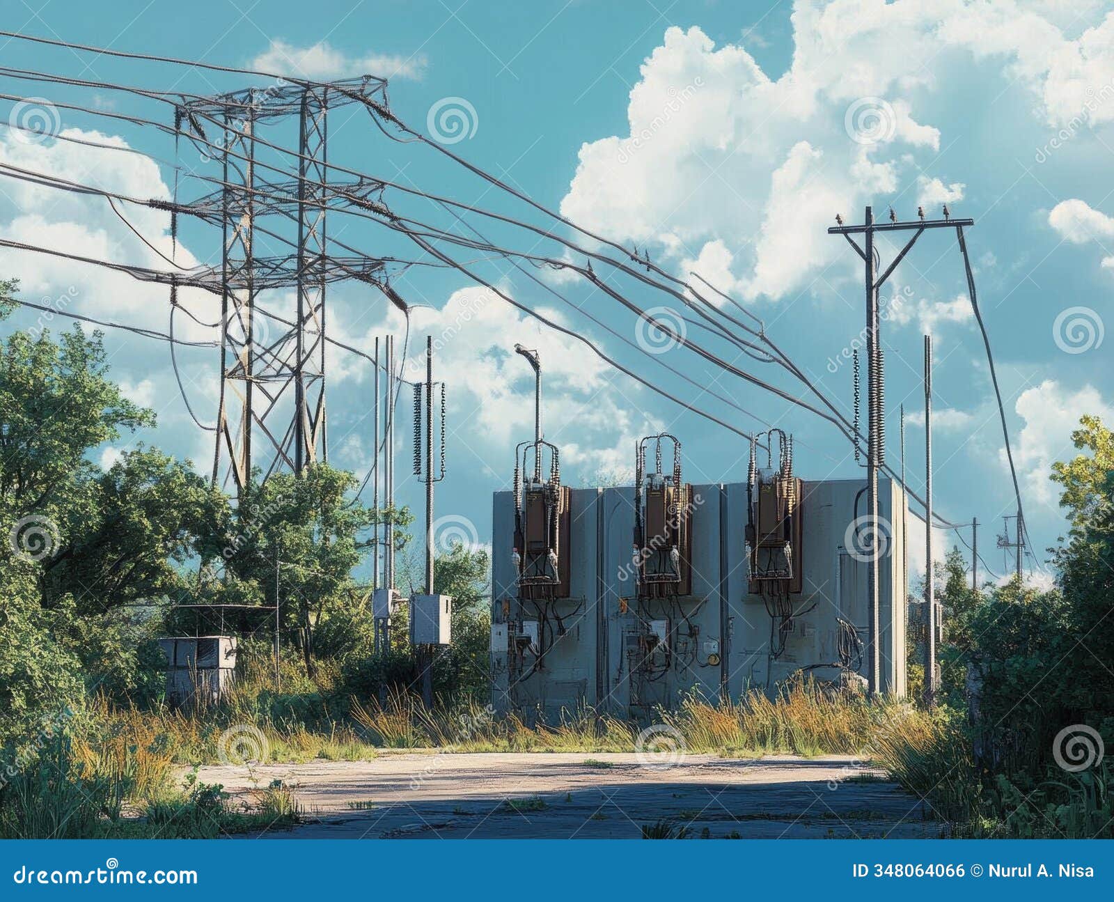 Power Lines and Transformers in a Tranquil Landscape Stock Photo ...
