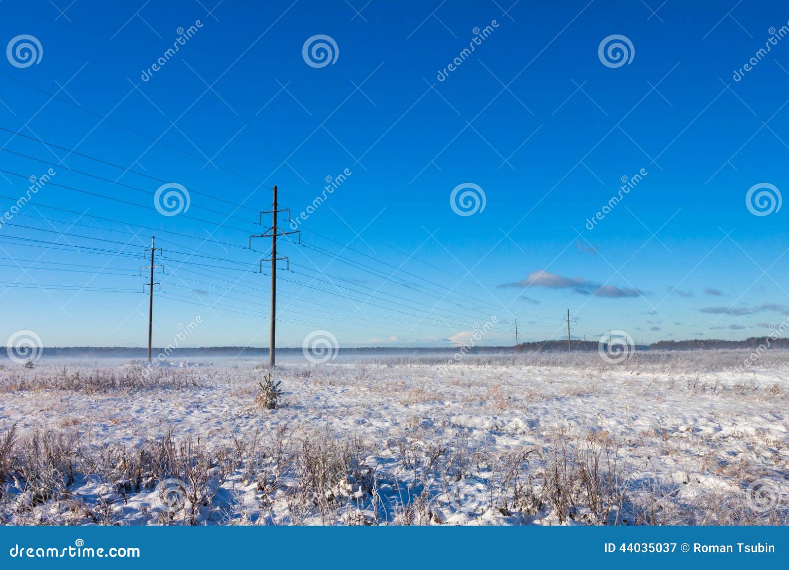 Power Lines in Winter Snow Field Stock Image - Image of machine ...