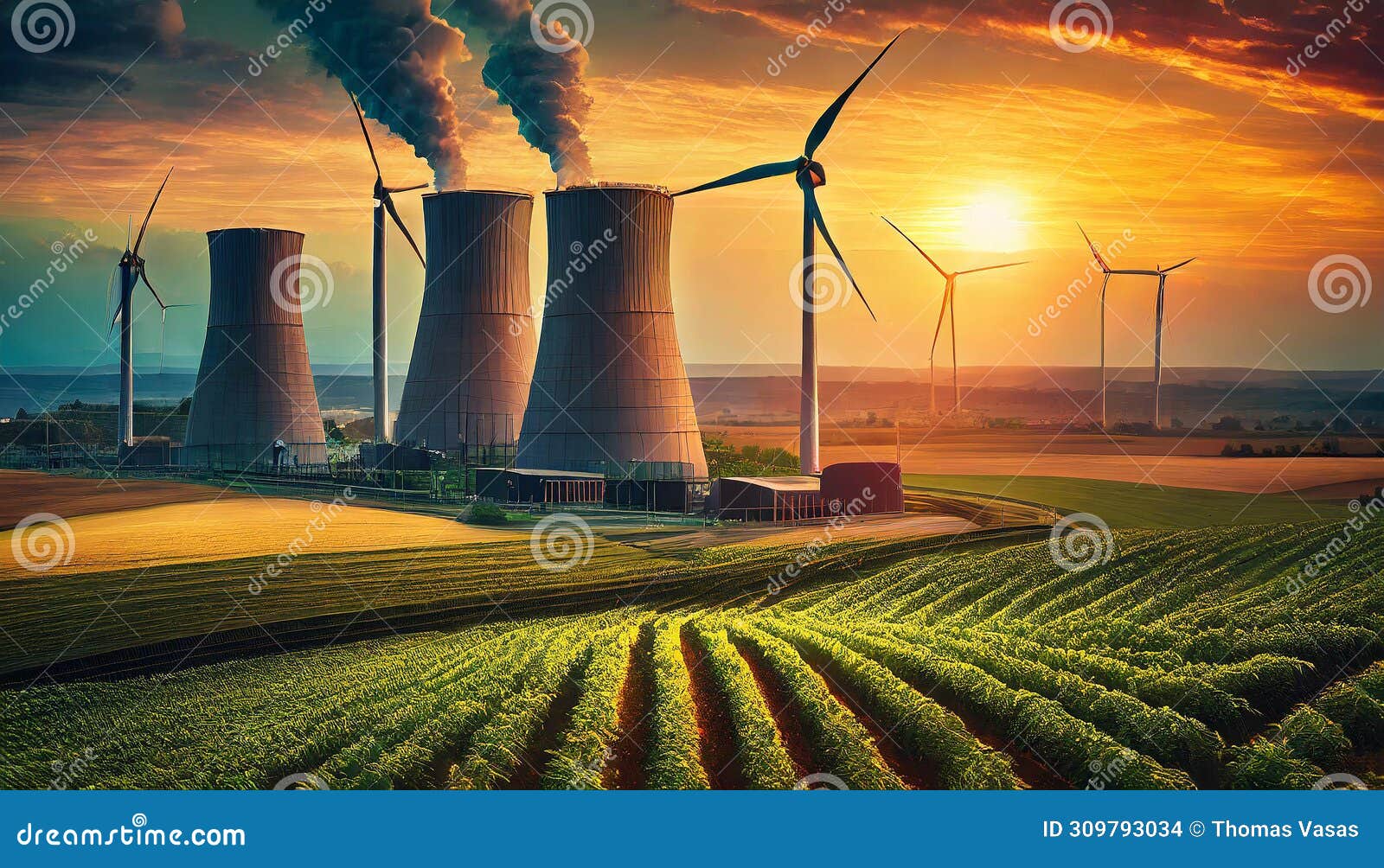 The Power of Nuclear and Wind Energy of the Future Stock Illustration ...