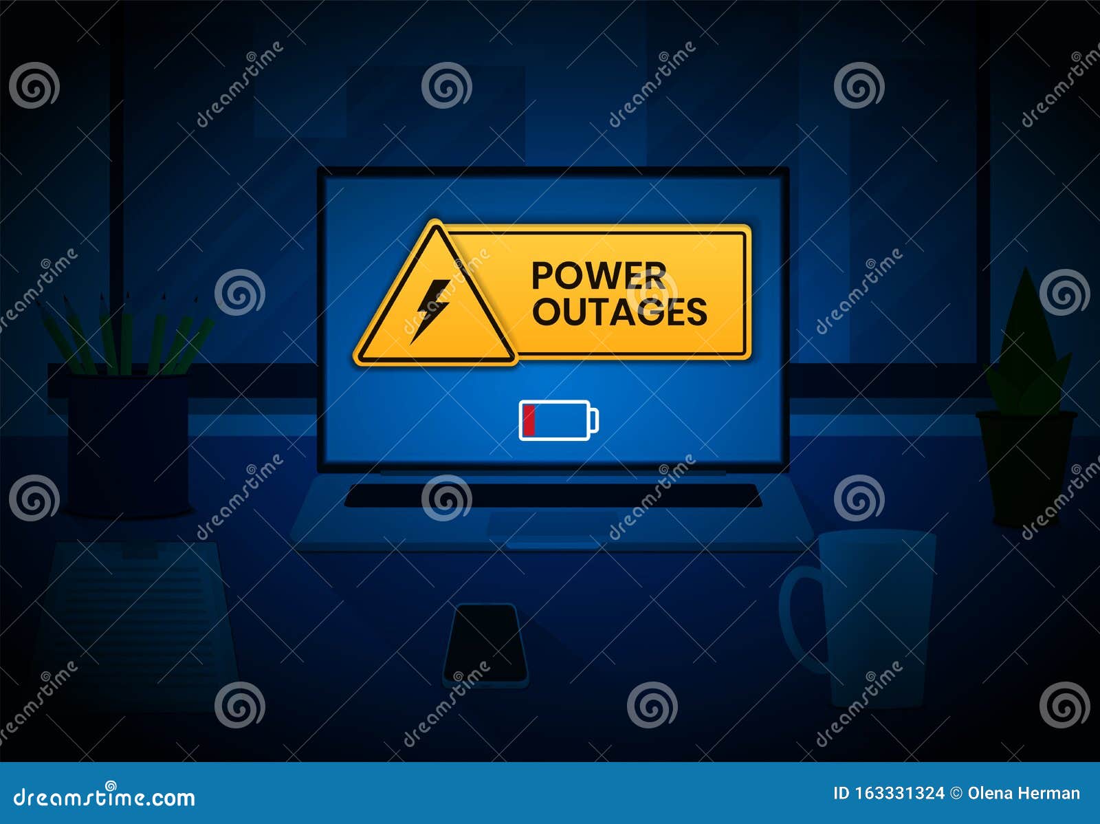 Power Outage, Warning Banner on the Laptop Screen and Triangular Icon ...