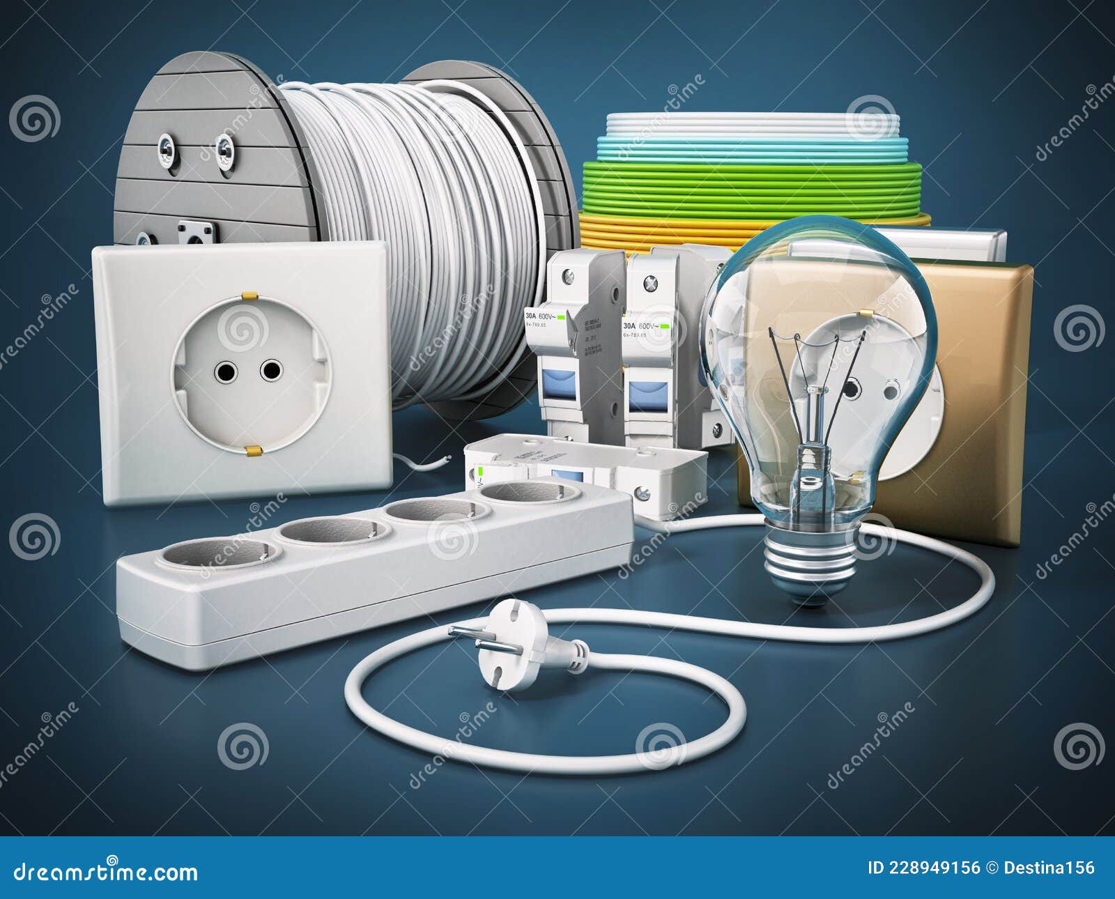 Power Outlets, Electric Cables, Fuse Holders And Lightbulb. 3D ...