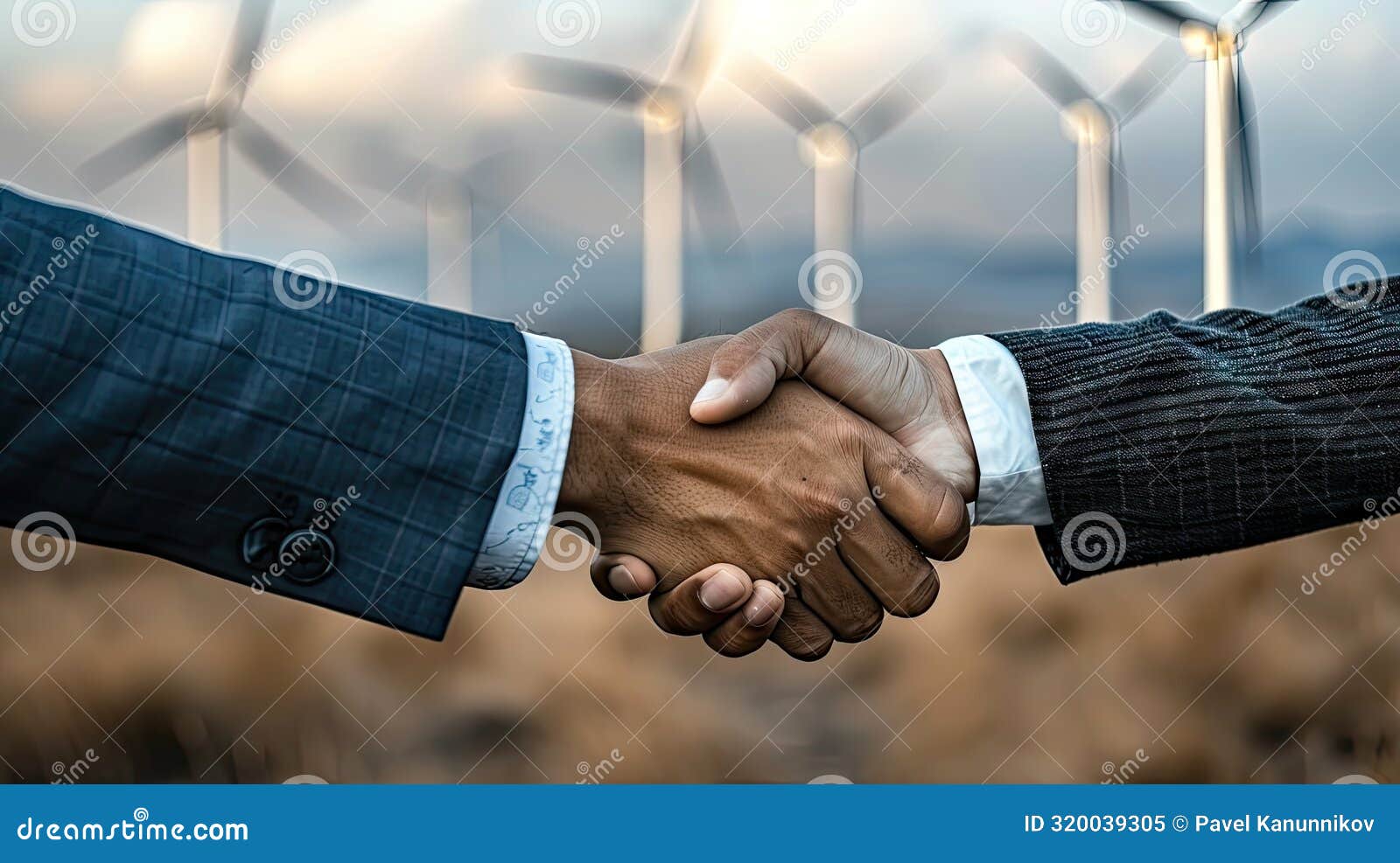 Power Pact: Two Men Shaking Hands in Front of Wind Turbines Stock Image ...