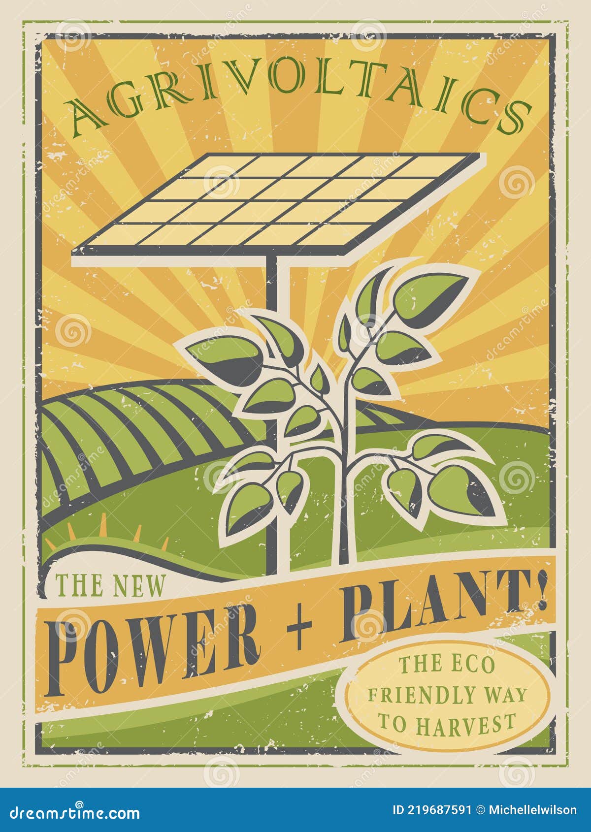 Vintage Agrivoltaics Poster Cartoon Vector | CartoonDealer.com #219687591