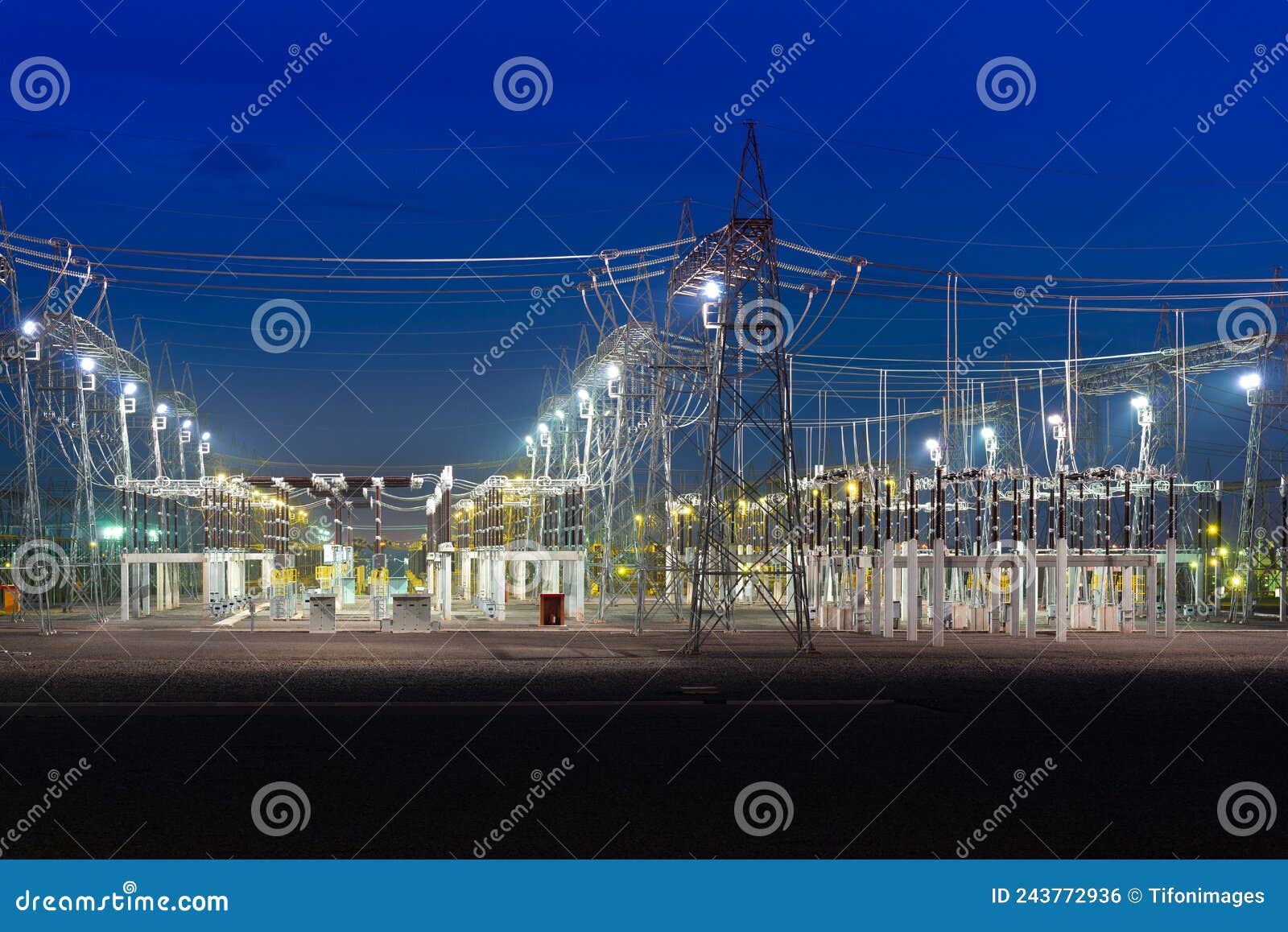 Power plant at night stock photo. Image of conductor - 243772936