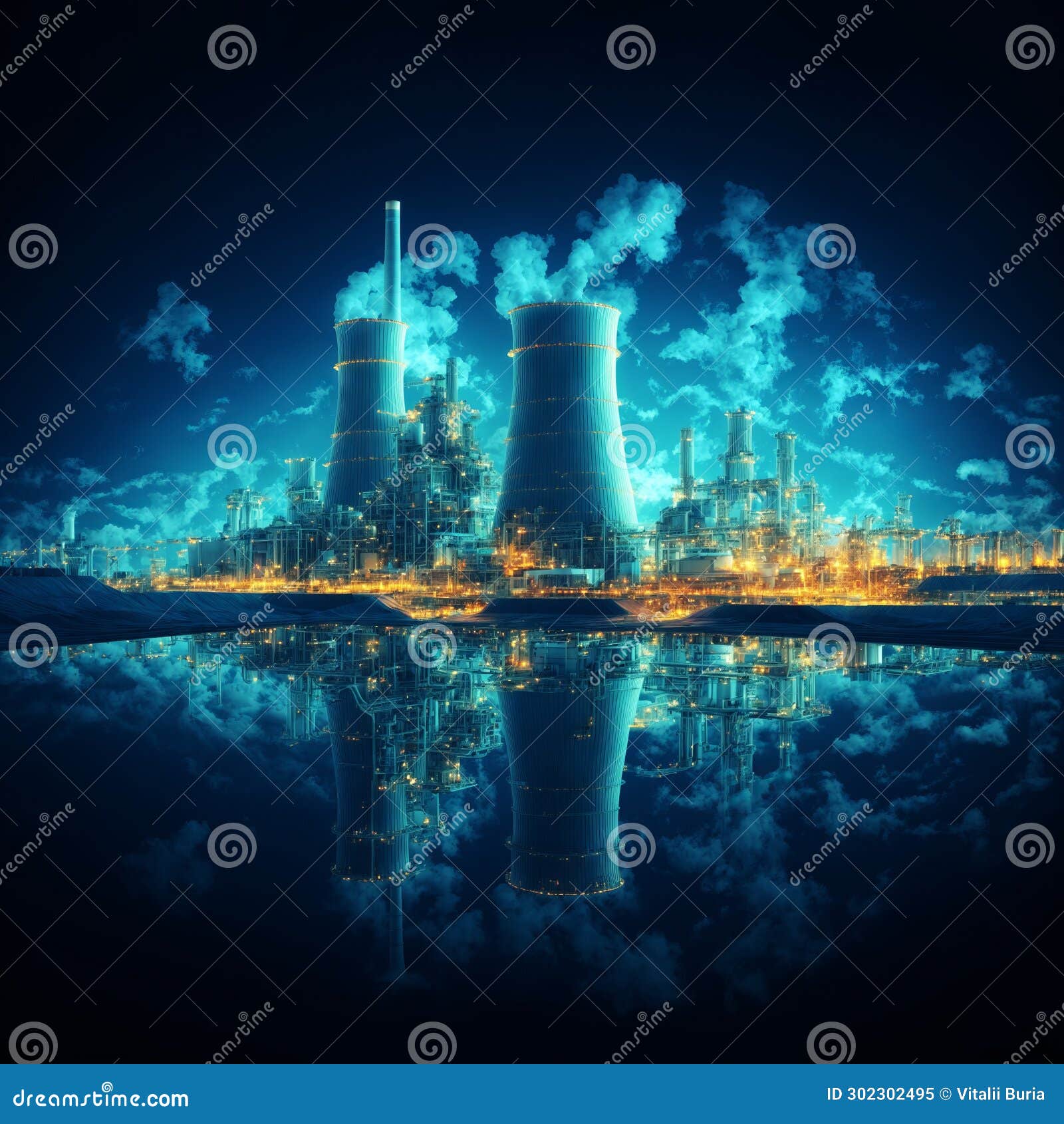 Power Plant with Reflection in Water, Blue Toned Image, 3d Render ...