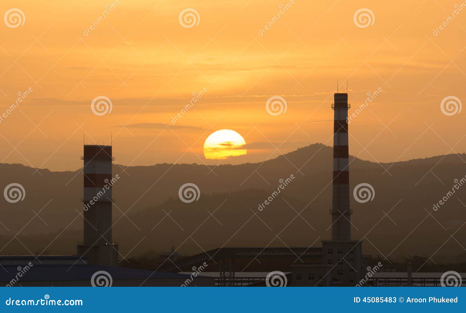 Power plant in sunset. stock image. Image of light, chimneys - 45085483
