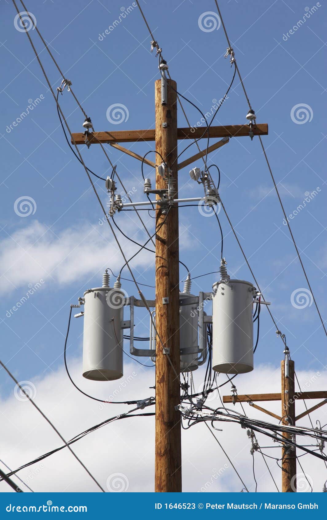 Power Pole With Electric Transformer Blue Sky In Background Royalty ...