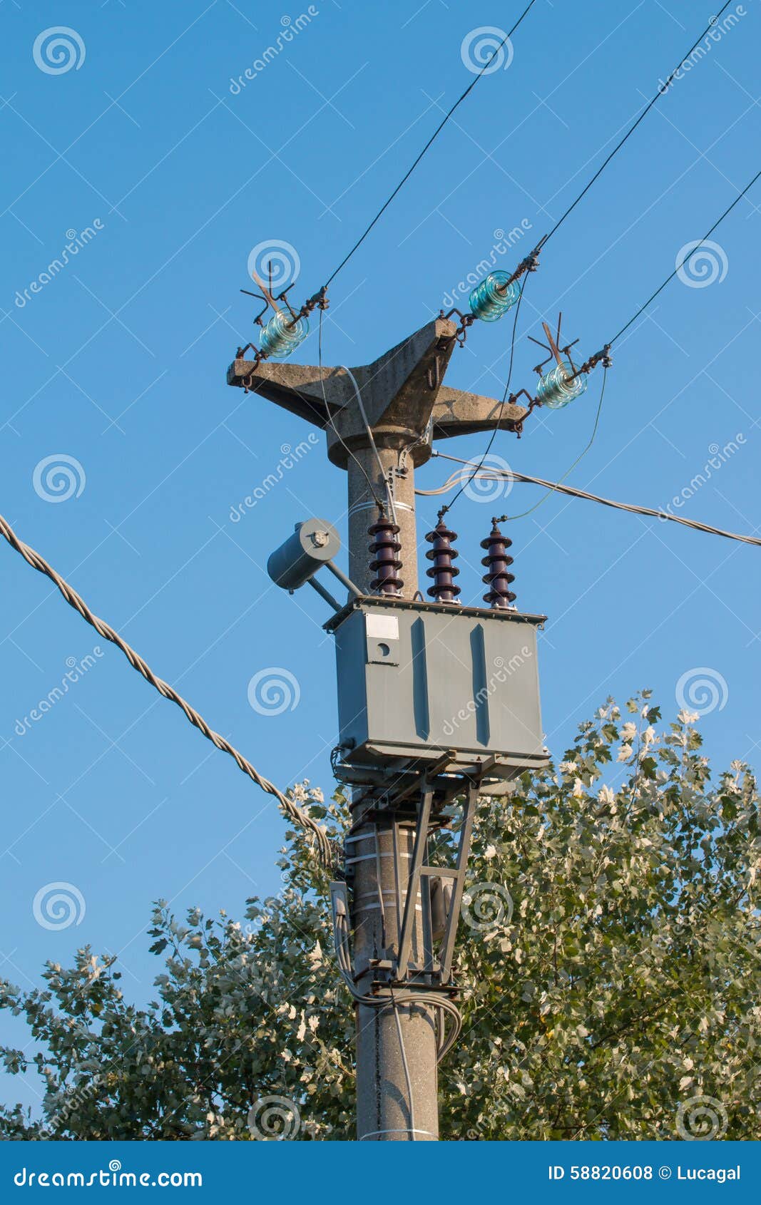 Power Pole With Electric Transformer Blue Sky In Background Royalty ...