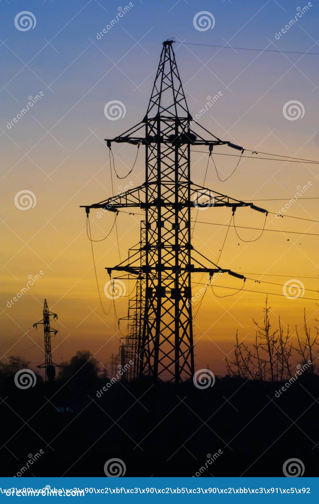 Power Poles at Sunset, Vertical Photo Stock Image - Image of conductor ...