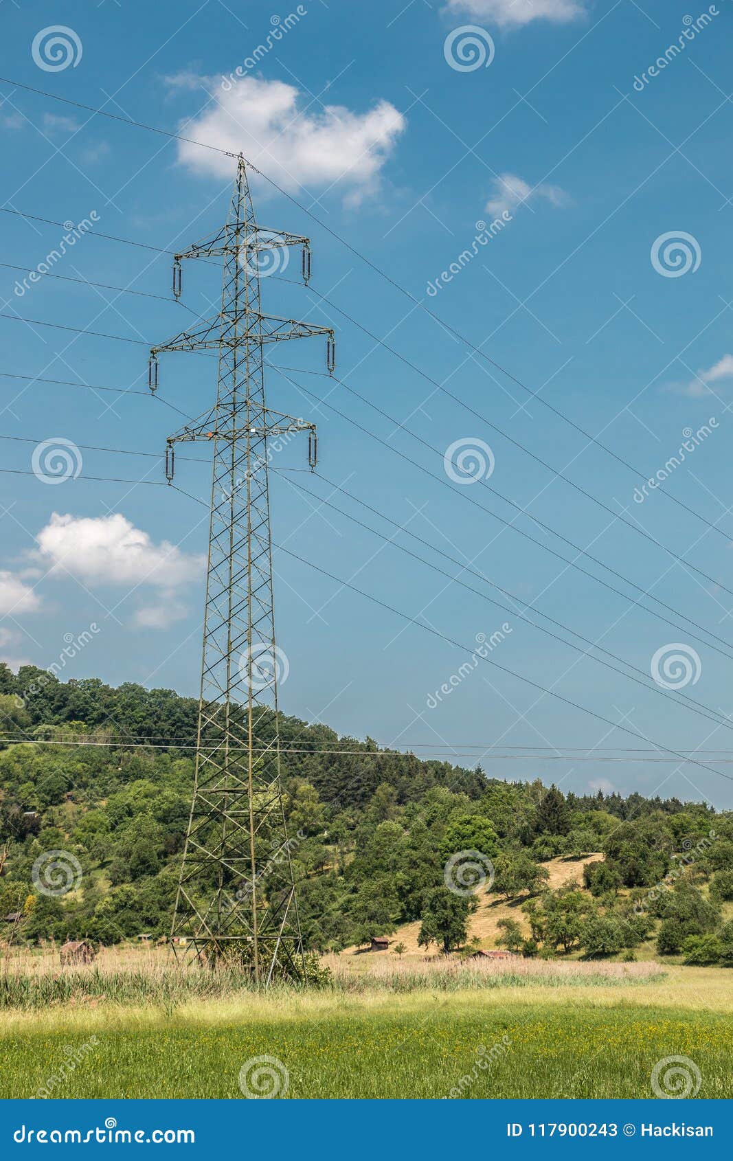 Power Pylon in the German Countryside with Forests, Fields and M Stock ...