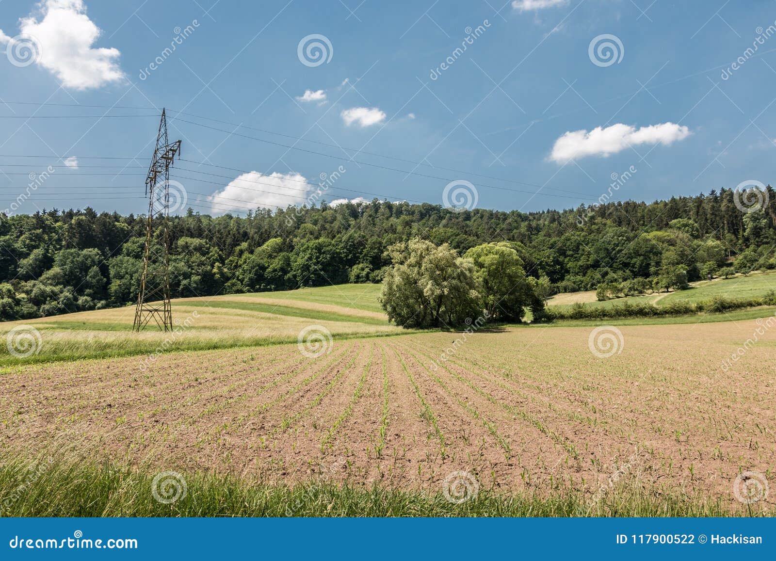 Power Pylon in the German Countryside with Forests, Fields and M Stock ...