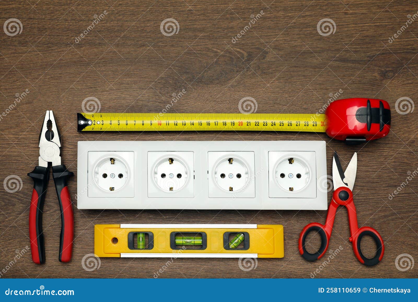 Power Socket and Set of Electrician`s Tools on Wooden Table, Flat Lay ...