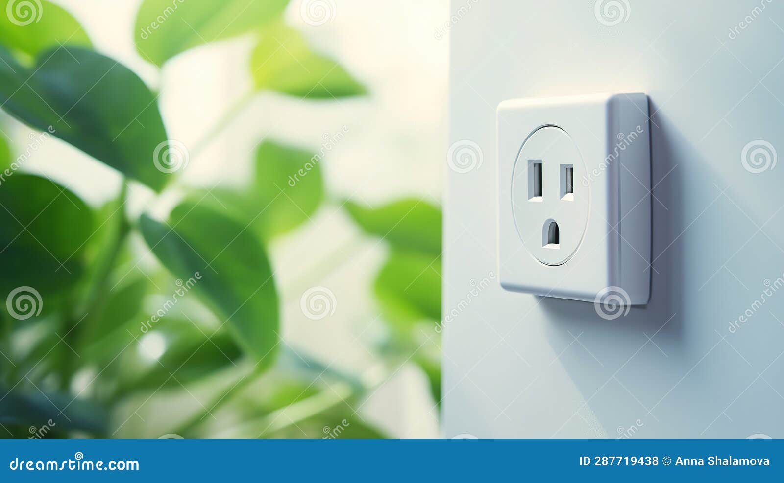 Power Socket on White Wall with Green Plant Background, Close Up Stock ...