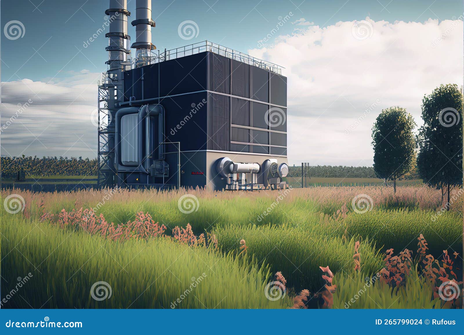 Power Station with Green Grass Field Stock Illustration - Illustration ...