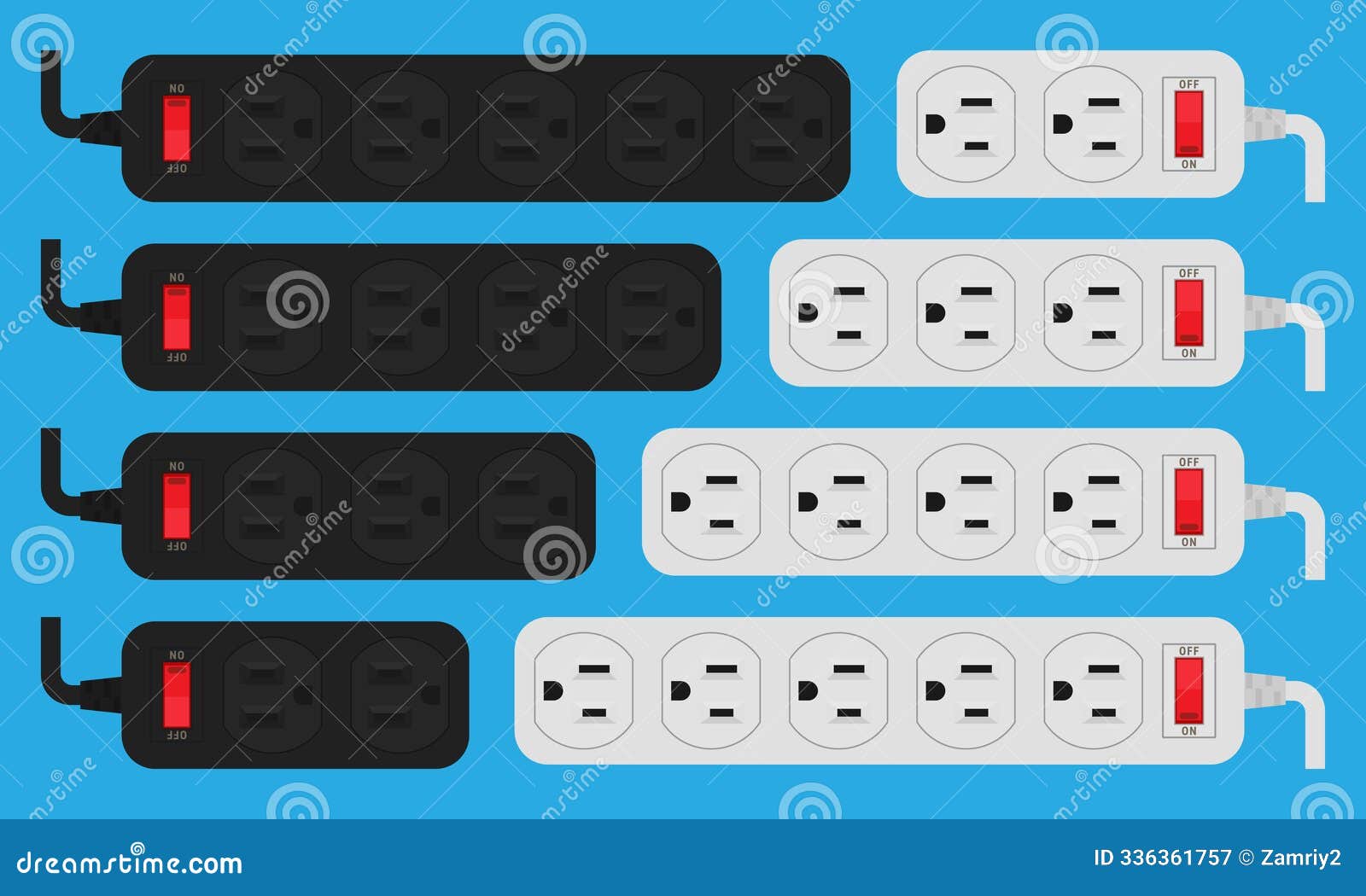 Set of Power Strips with Red Switches and Varying Numbers of Type B ...