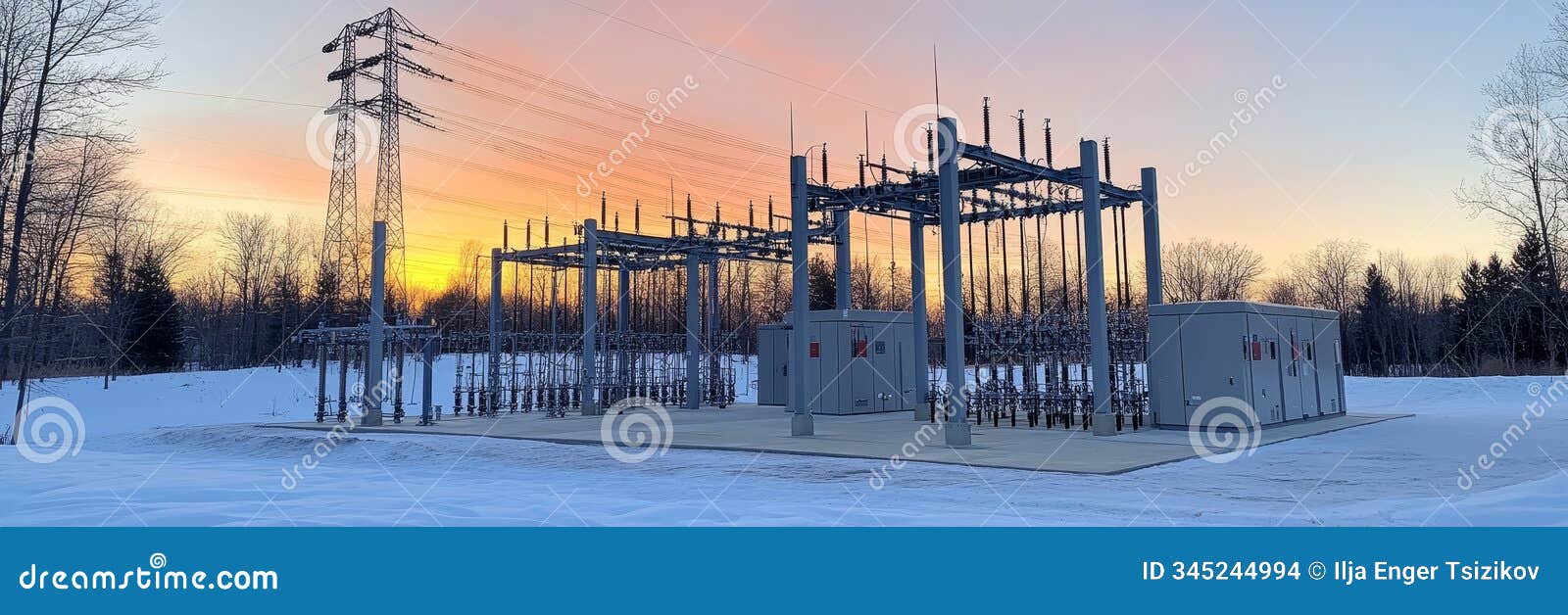 Power Substation at Sunset Electrical Grid Infrastructure during Winter ...