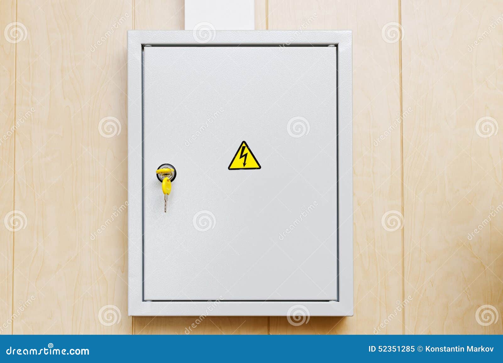 Grey Hinged Power Supply Box In The Wood. Electrical Box With Yellow ...