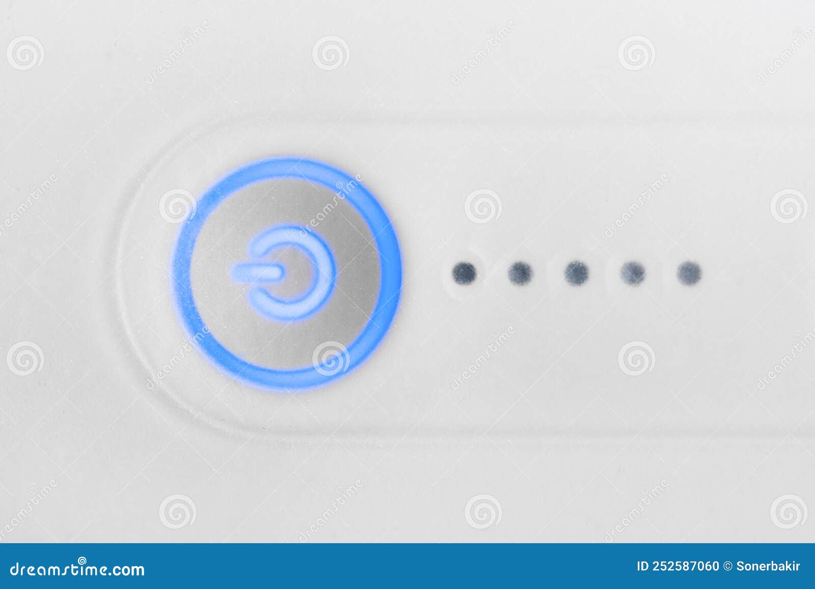 Power Switch Button with Blue Led Light, Close Up. Technology Concept ...