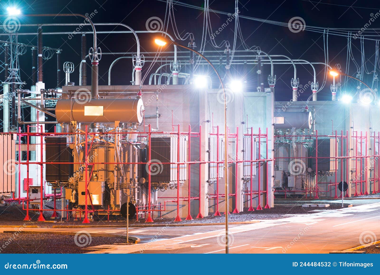 Power Transformer at night stock photo. Image of cable - 244484532