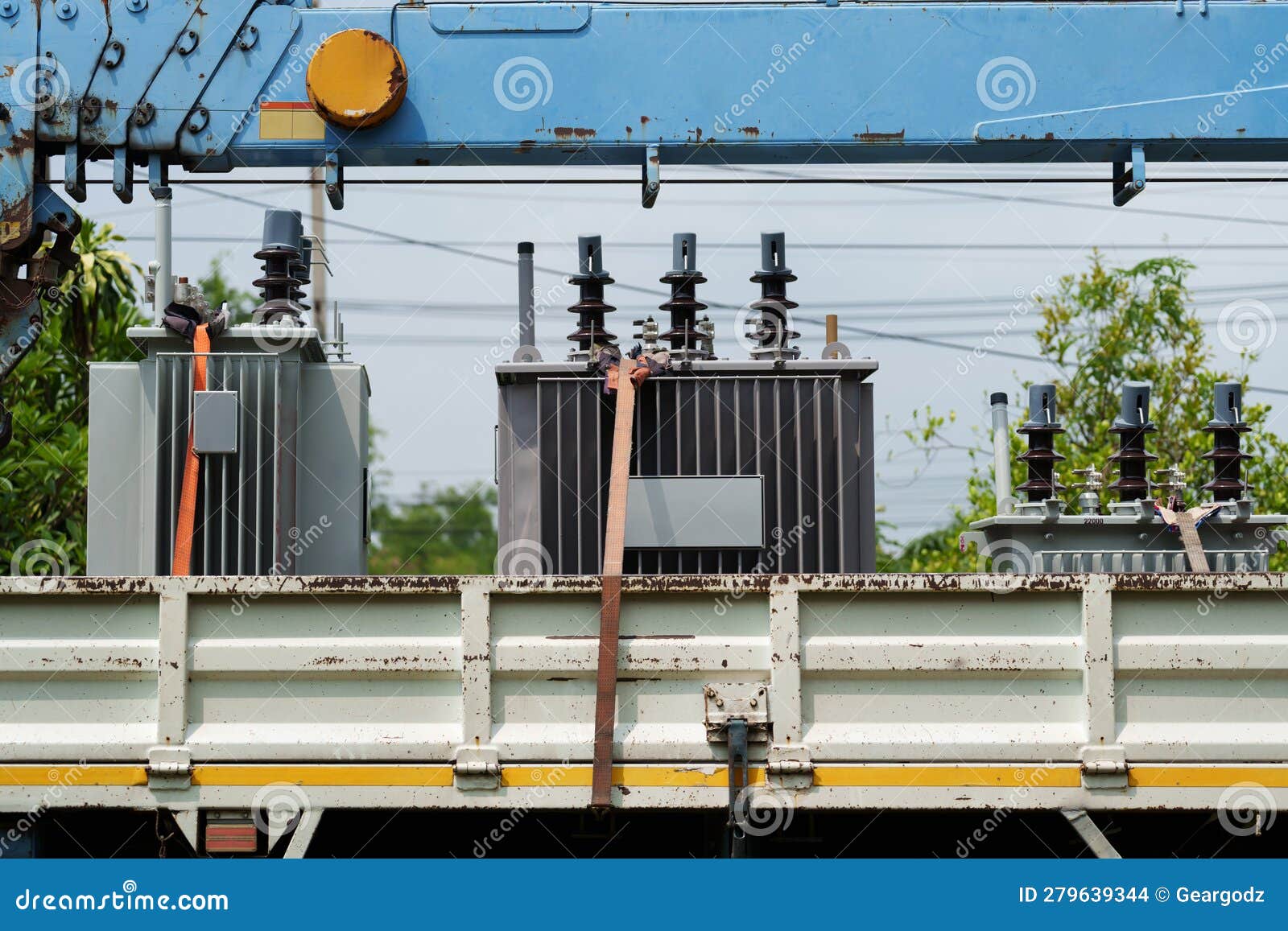 Power Transformer Strapped on Truck and Crane Arm Stock Photo - Image ...