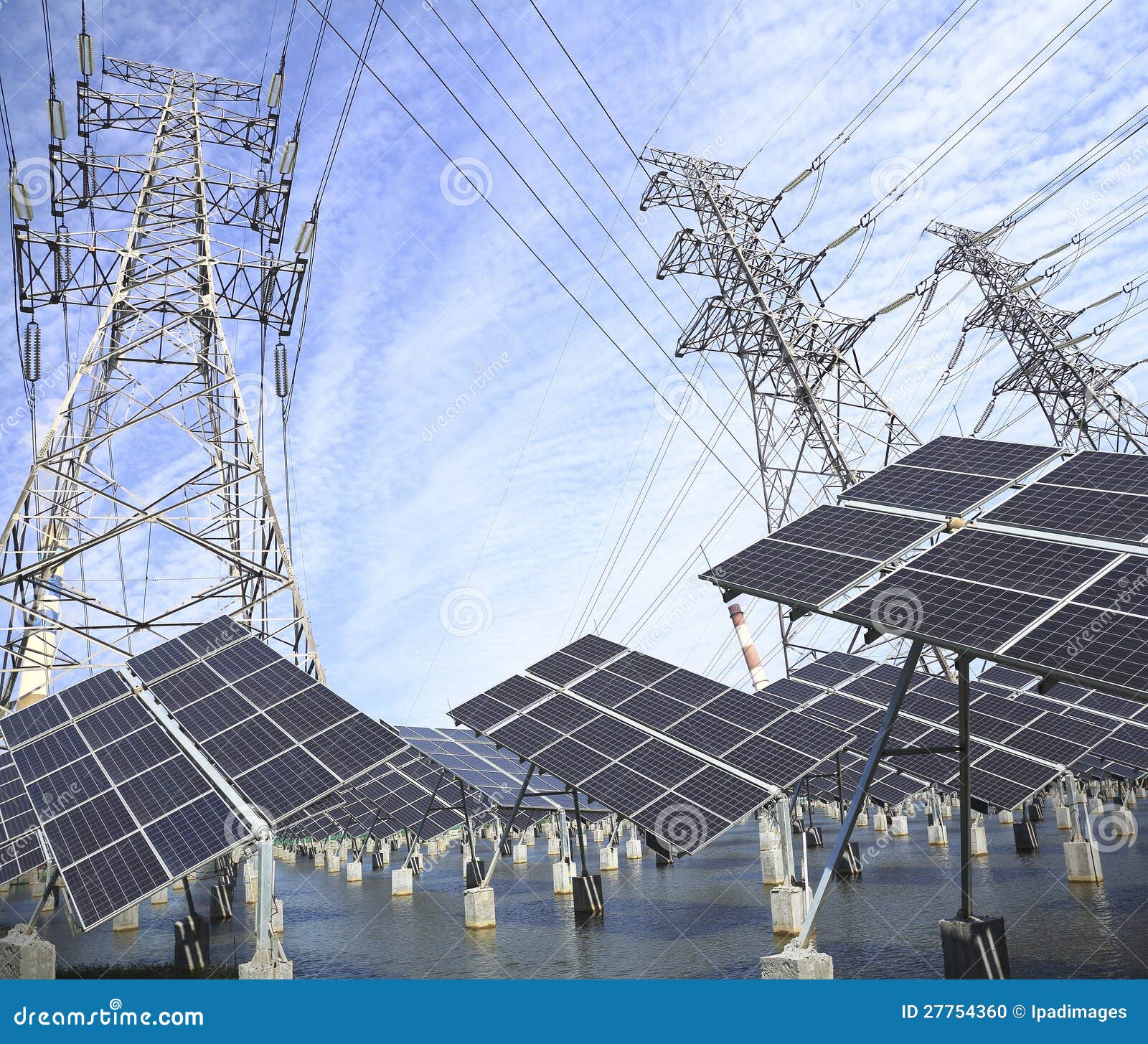 Power Transmission Tower and Solar Panel in the Green Stock Photo ...