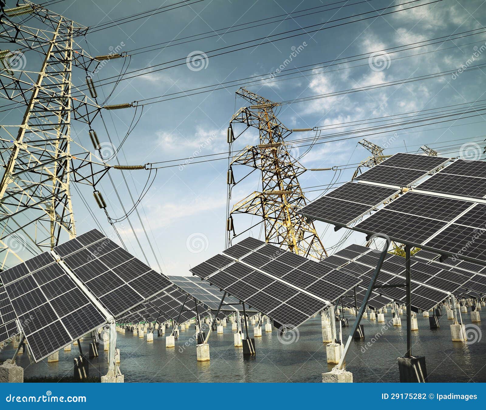Power Transmission Tower and Solar Panel in the Green Stock Photo ...