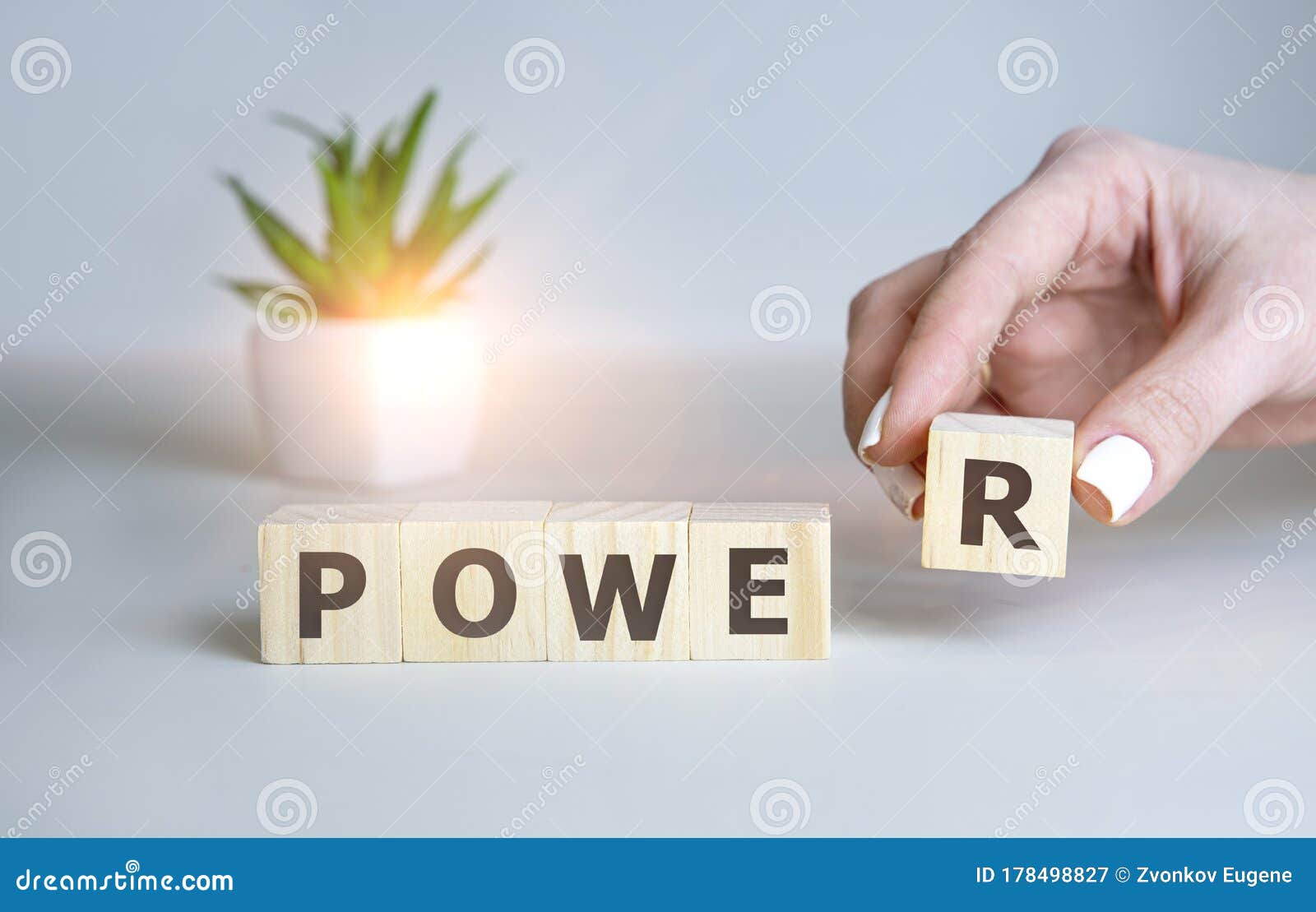 POWER WORDS Word Written on Wood Block. POWER WORDS Text on Table ...