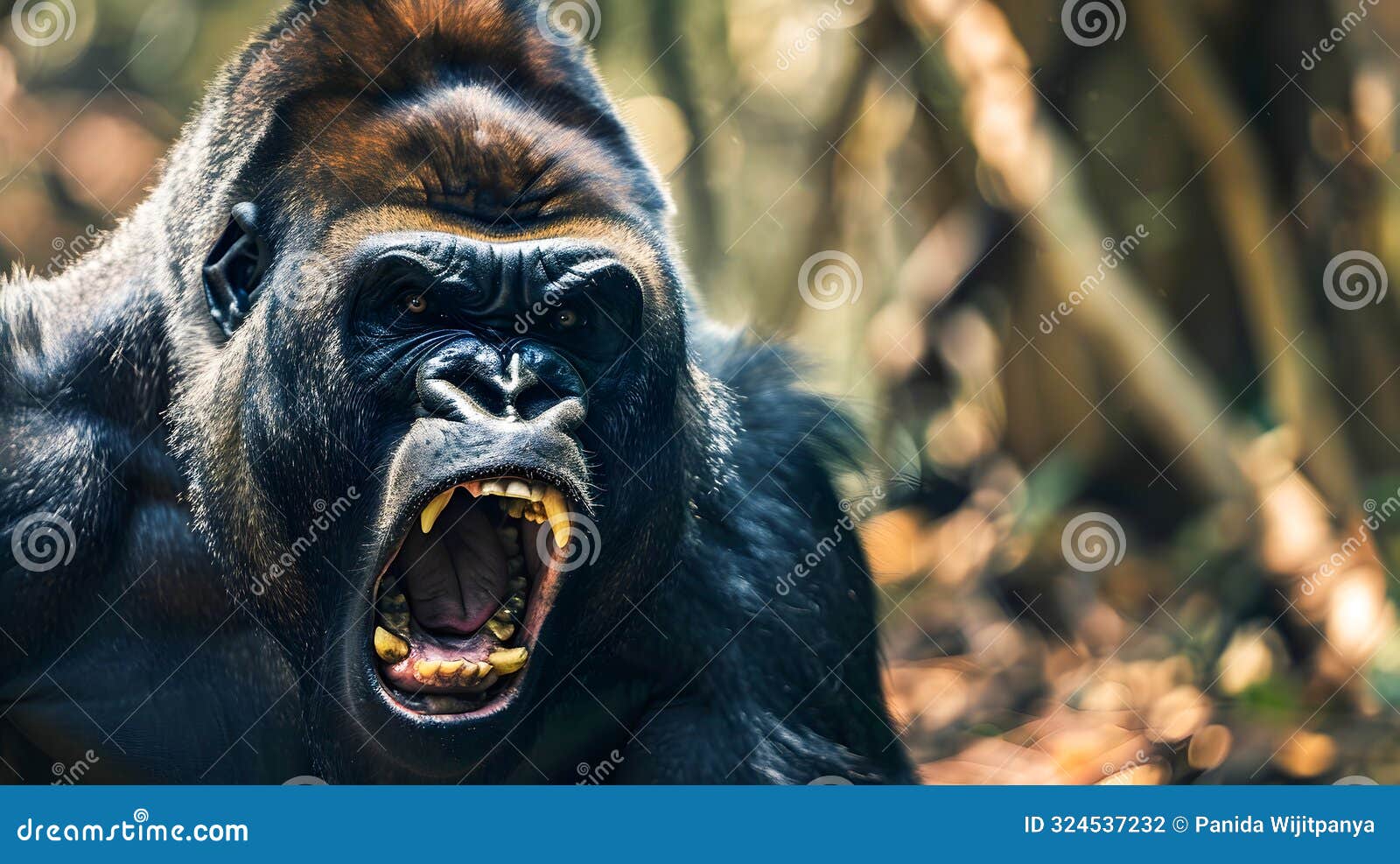 Powerful and Aggressive Primate Likely a Gorilla Roaring Loudly with ...