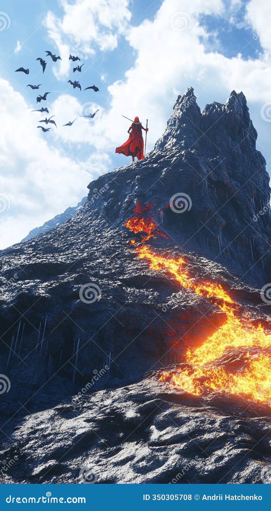 A Powerful Anime Wizard Standing at the Peak of a Volcano Controlling ...