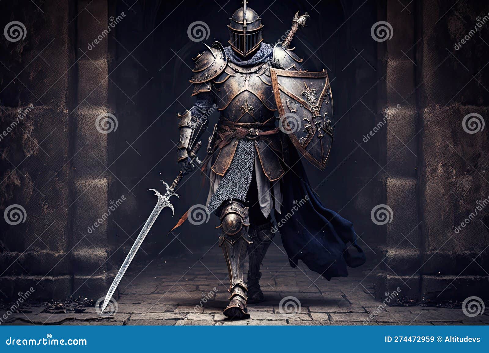 Powerful Armored Walking Knight with Sword and Shield Stock ...