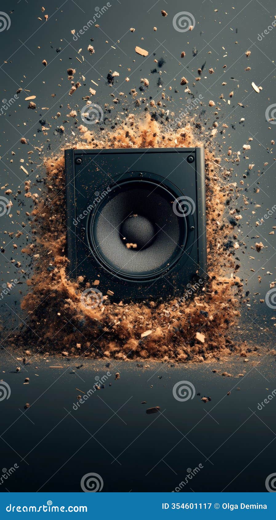Powerful Audio Speaker Exploding with Brown Particles on Dark ...
