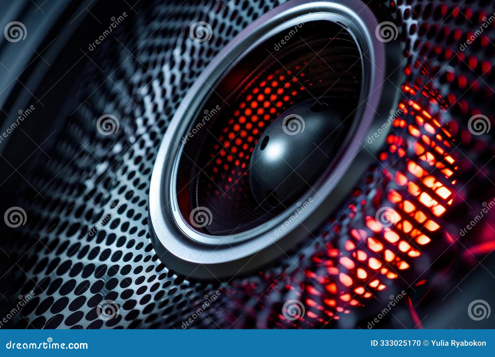 Powerful Audio Speaker Vibrating with Red Lights in the Background ...