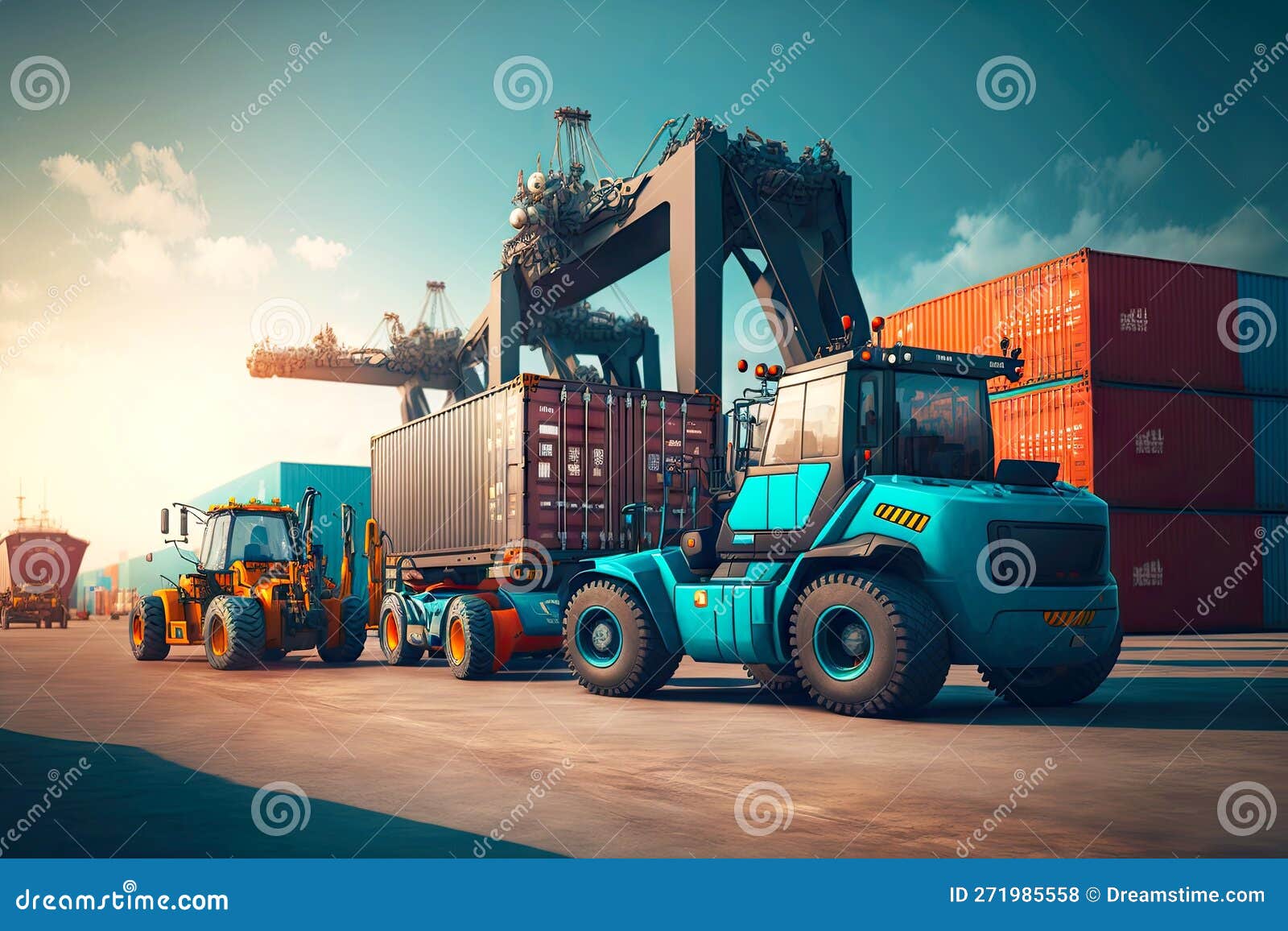 Powerful Auto Tractors with Containers Unloading Containers in Cargo ...
