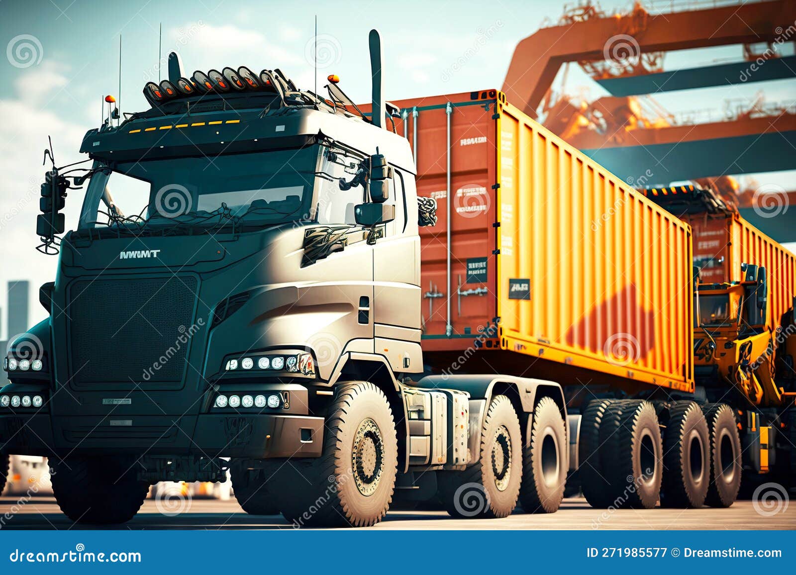 Powerful Auto Tractors with Containers Unloading Containers in Cargo ...
