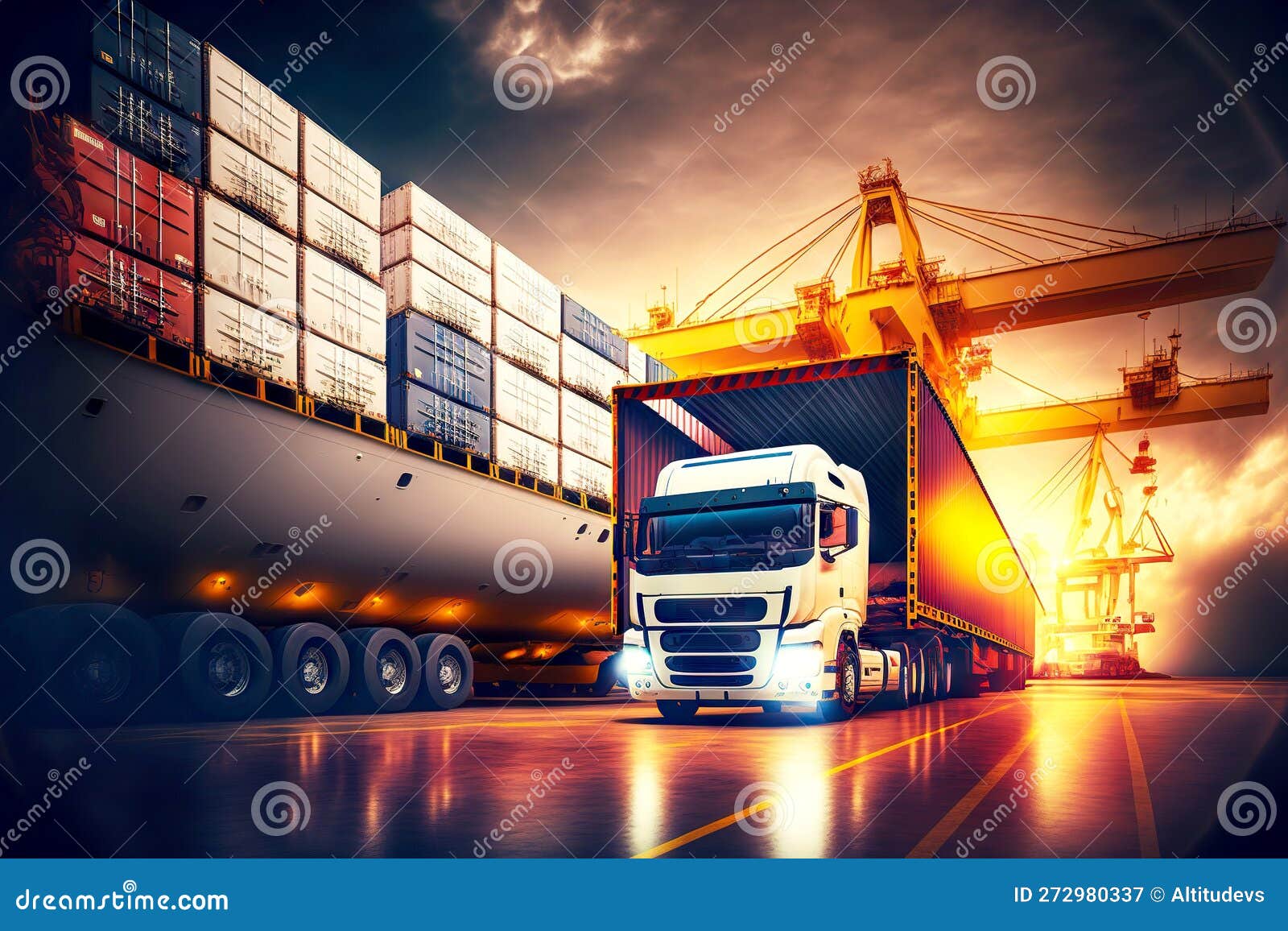 Powerful Auto Tractors with Containers Unloading Containers in Cargo ...