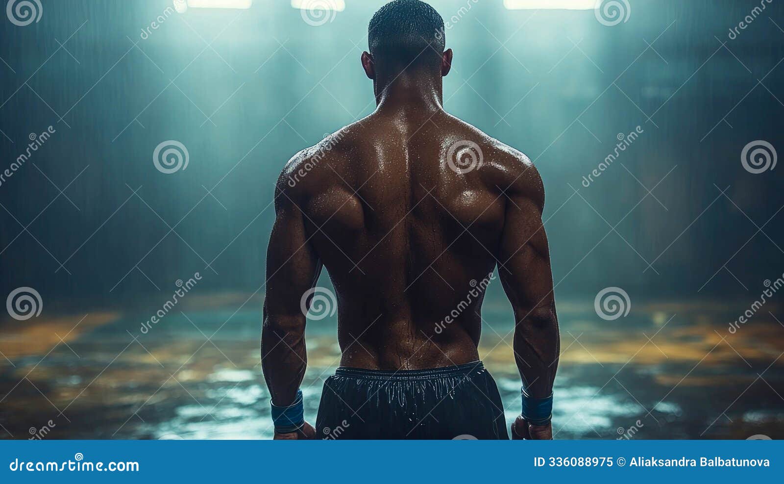 A Powerful Back View of a Muscular Athlete Standing in a Misty ...