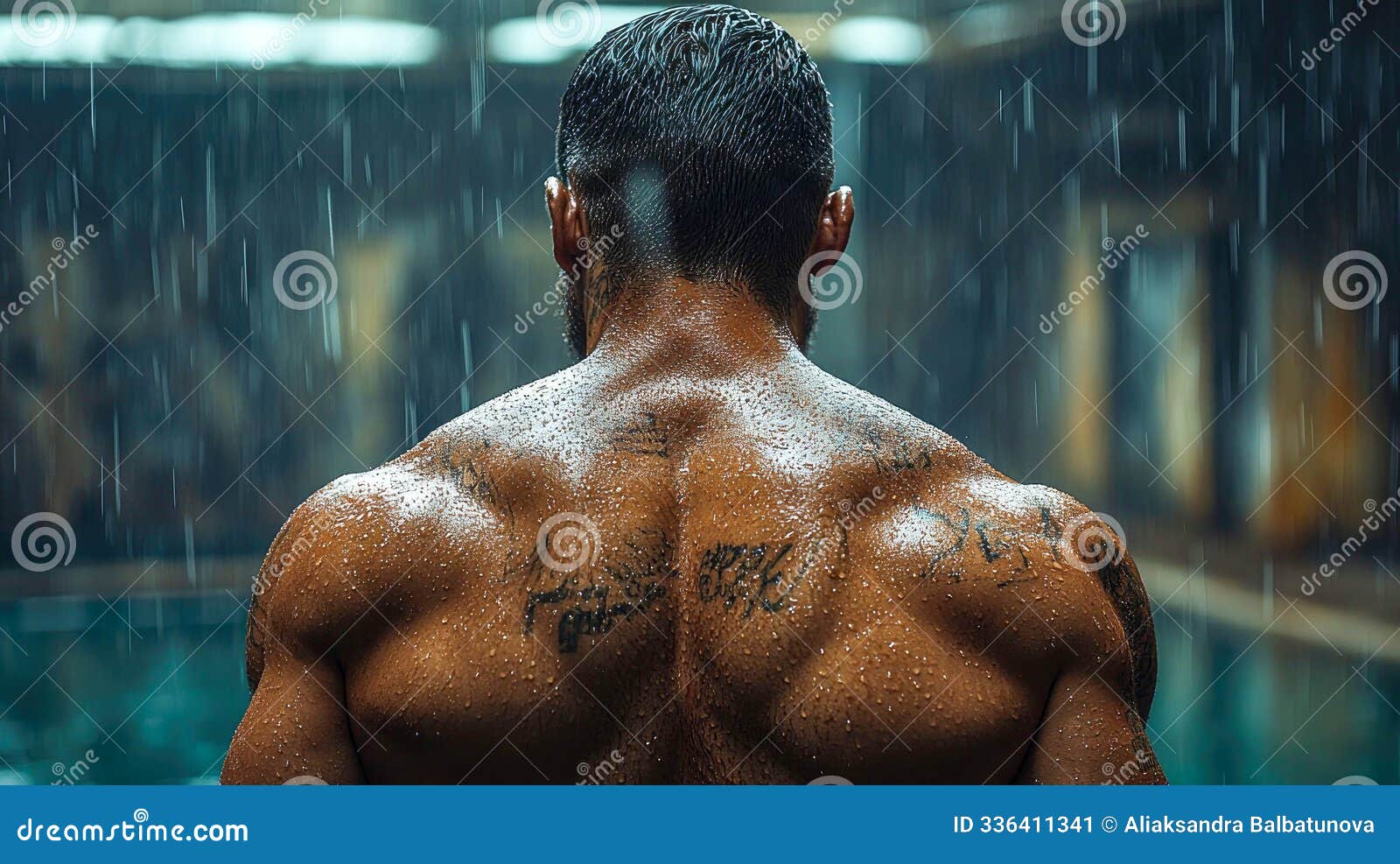 A Powerful Back View of a Muscular Athlete Standing in a Misty ...