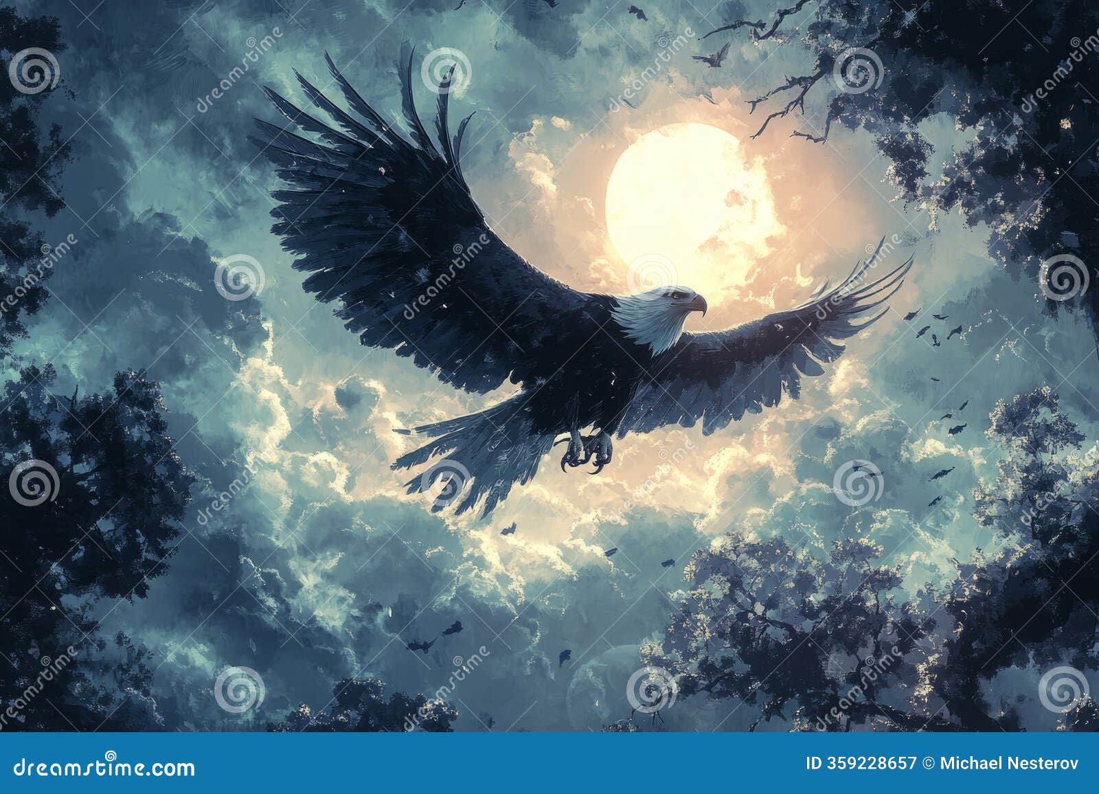 Powerful Bald Eagle Flying through a Dramatic Cloudy Sky with Bright ...