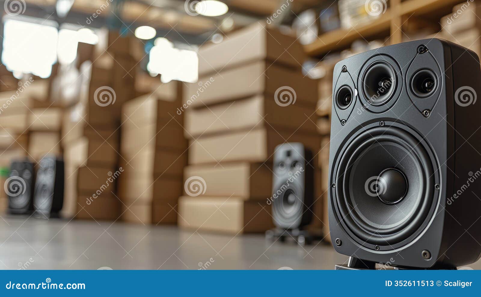 Powerful Black Speaker System in Industrial Warehouse with Stacks of ...