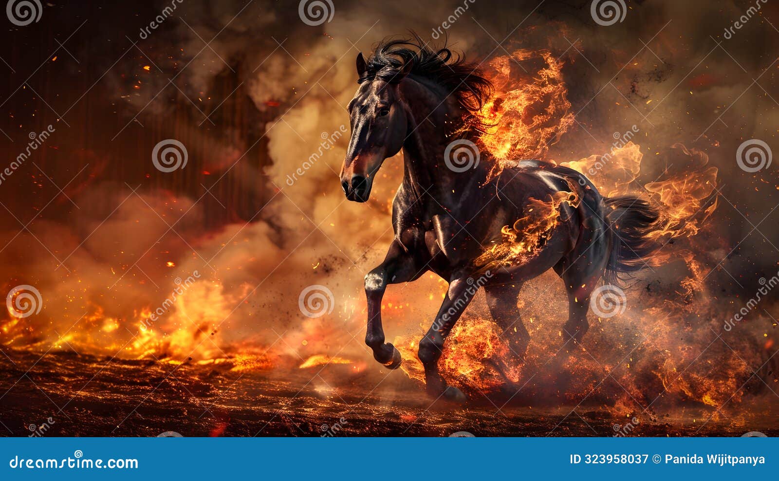 Powerful Black Stallion Engulfed in Flames Galloping through a Raging ...