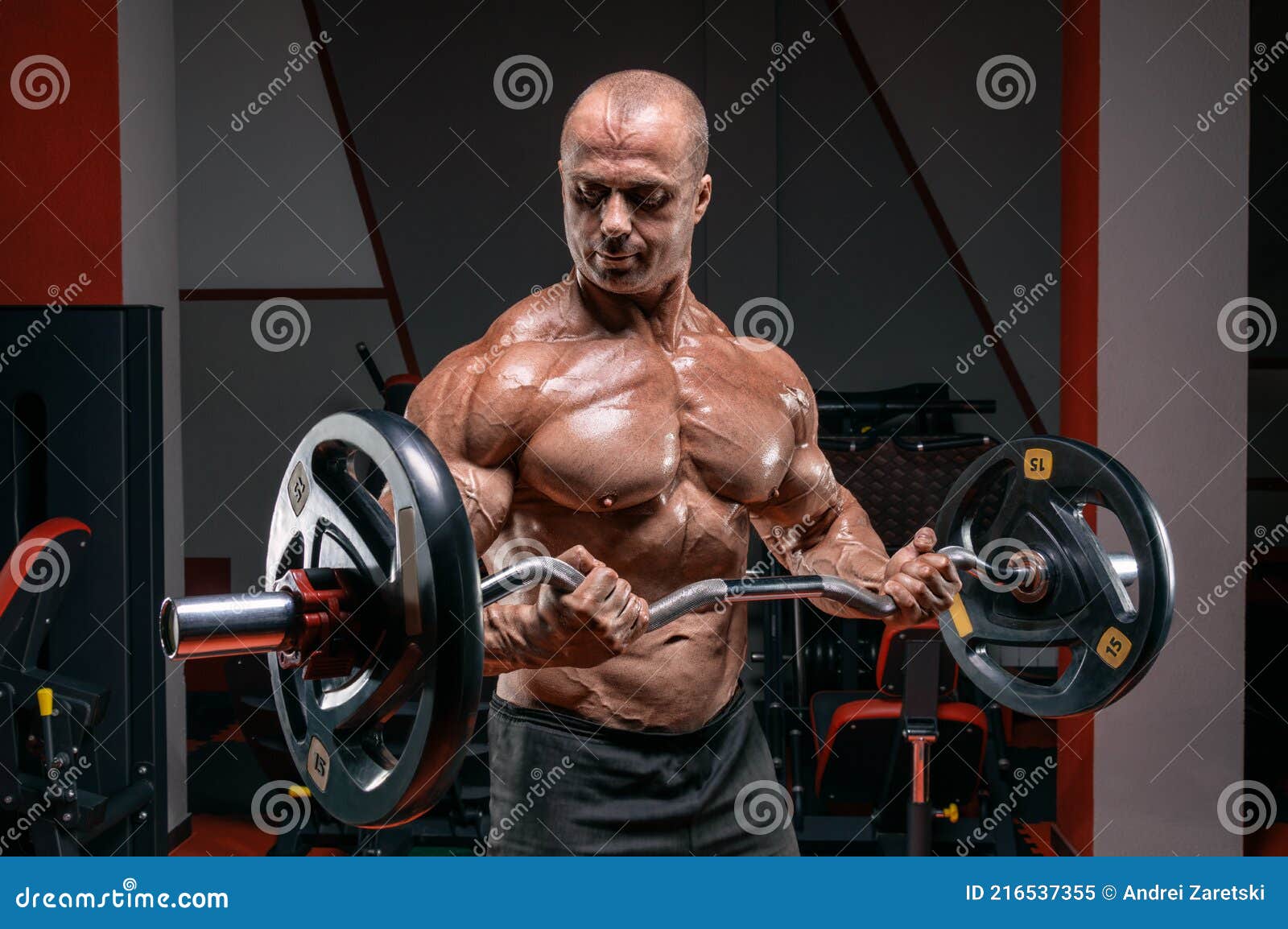 Powerful Bodybuilder Posing in the Gym with a Barbell. Bodybuilding ...