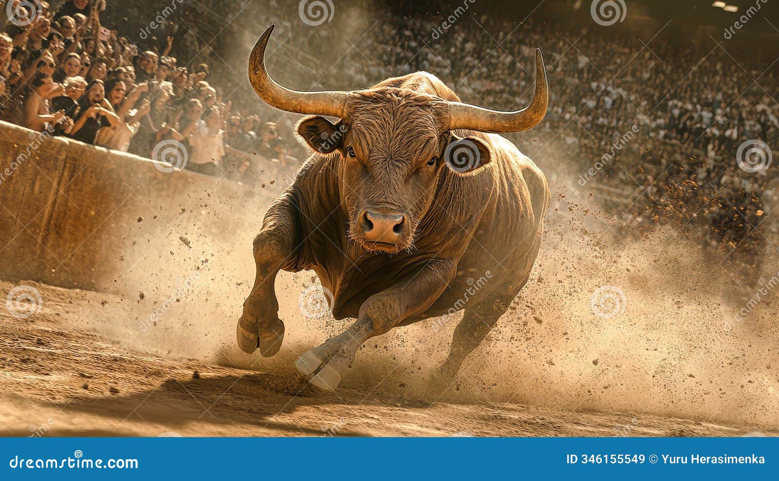 A Powerful Bull Charges through a Dusty Arena, with a Cheering Crowd ...