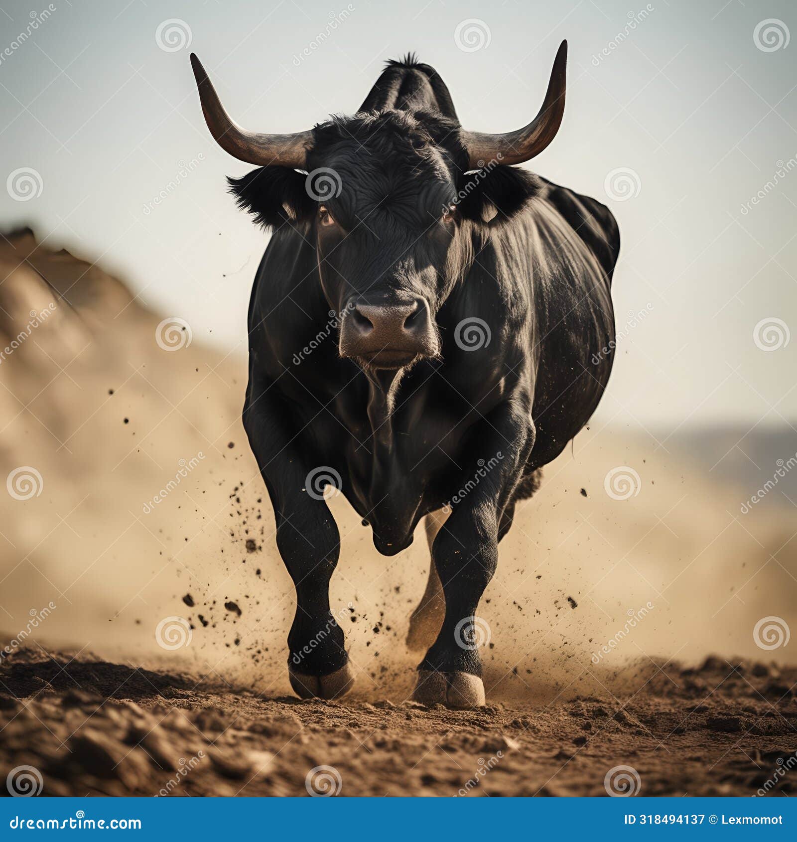 A Powerful Bull Charges Forward, Kicking Up Dust Against a Backdrop of ...