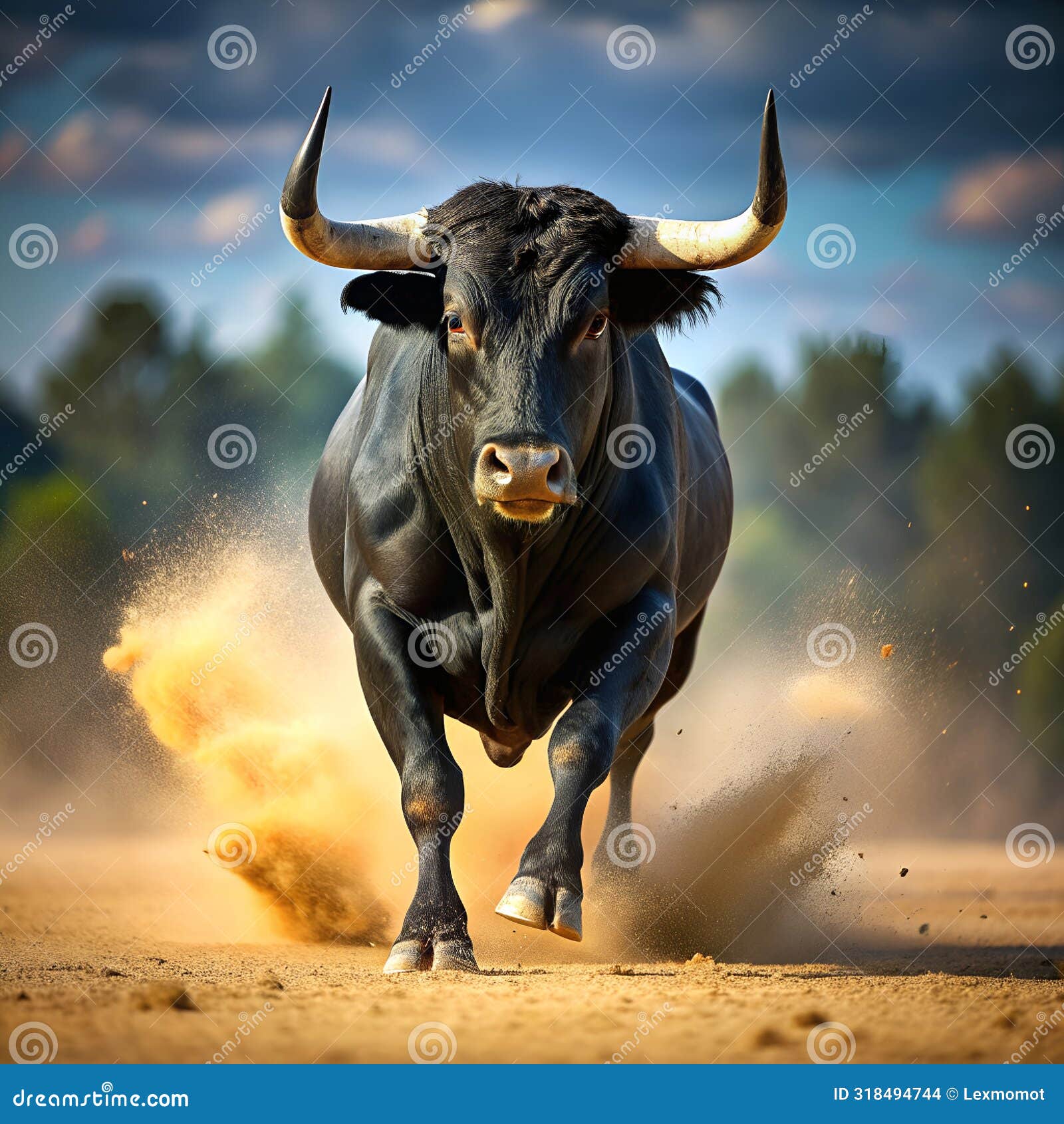 A Powerful Bull Charges Forward, Kicking Up Dust Against a Backdrop of ...