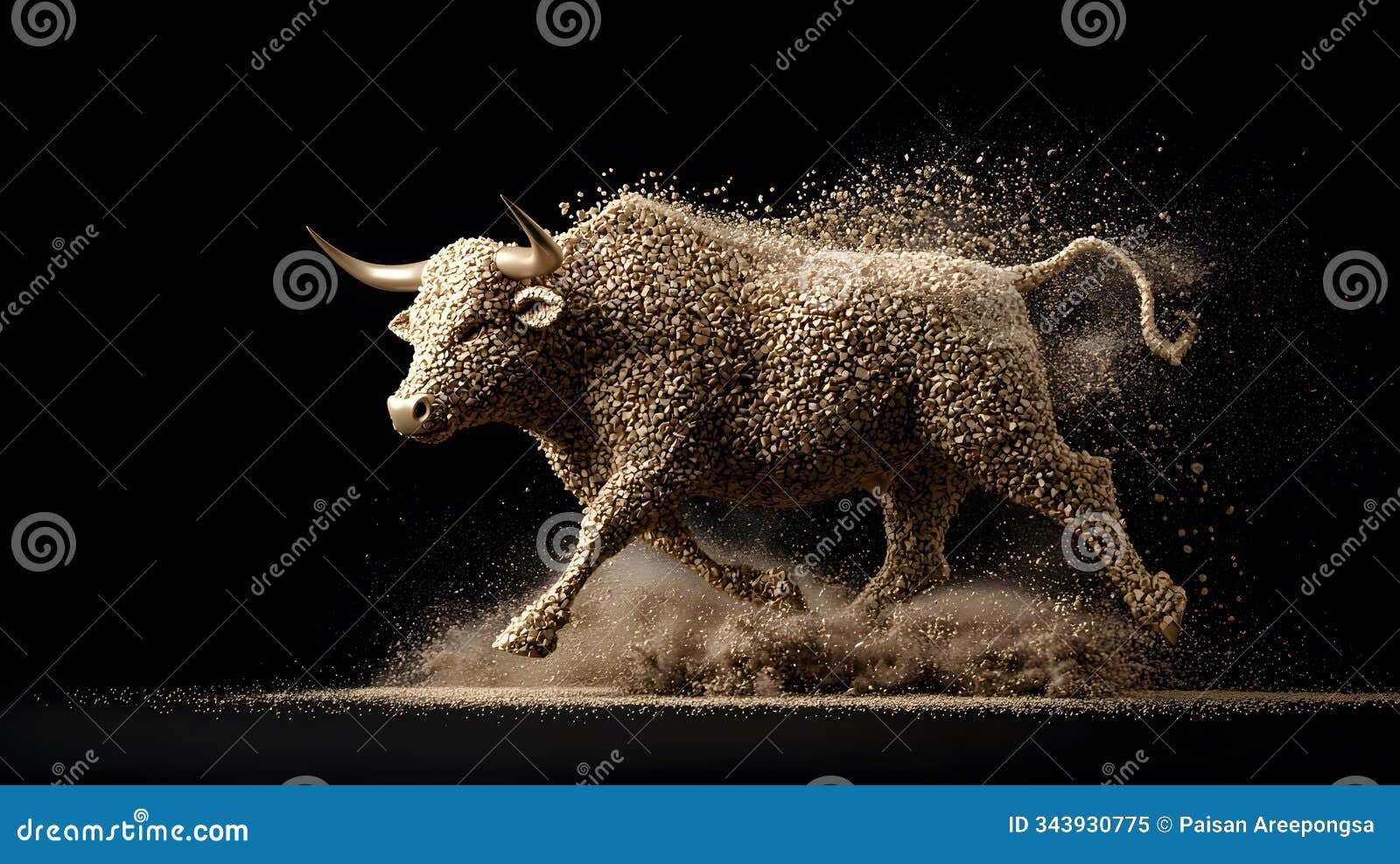 A Powerful Bull Sculpture Breaking through the Dust, Symbolizing ...