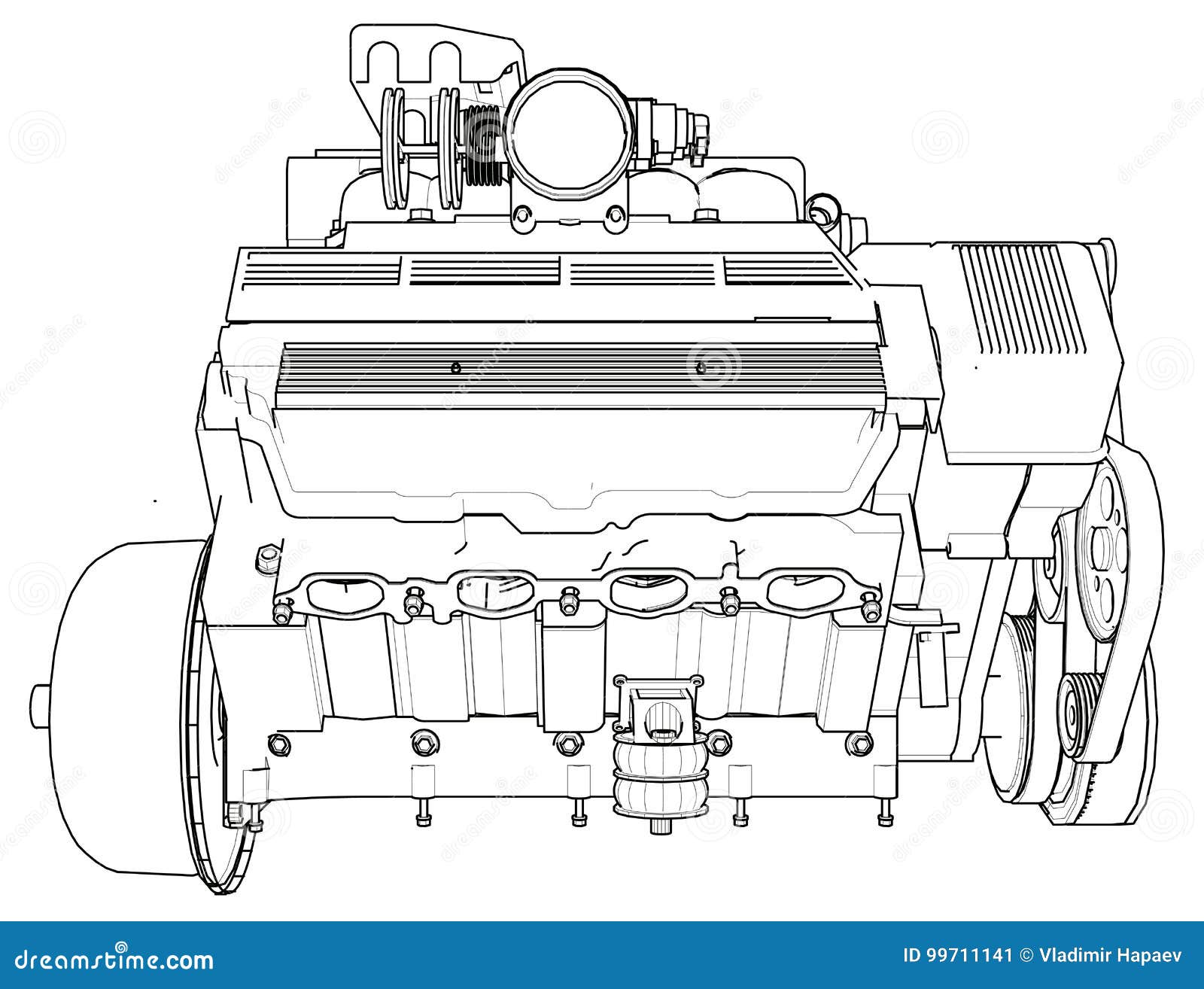 Powerful Car Engine. the Engine is Drawn with Black Lines on a White ...