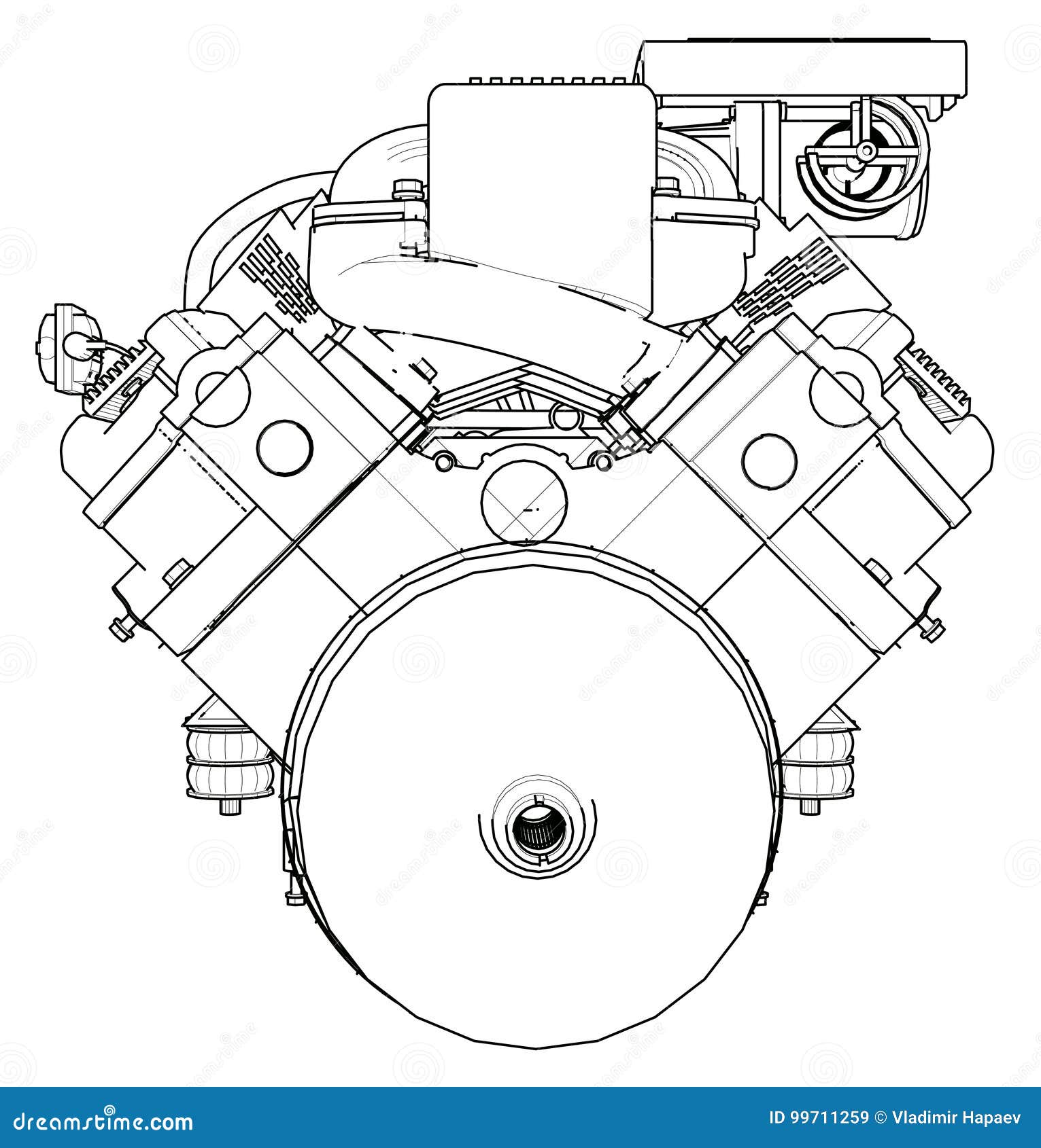 Powerful Car Engine. the Engine is Drawn with Black Lines on a White ...