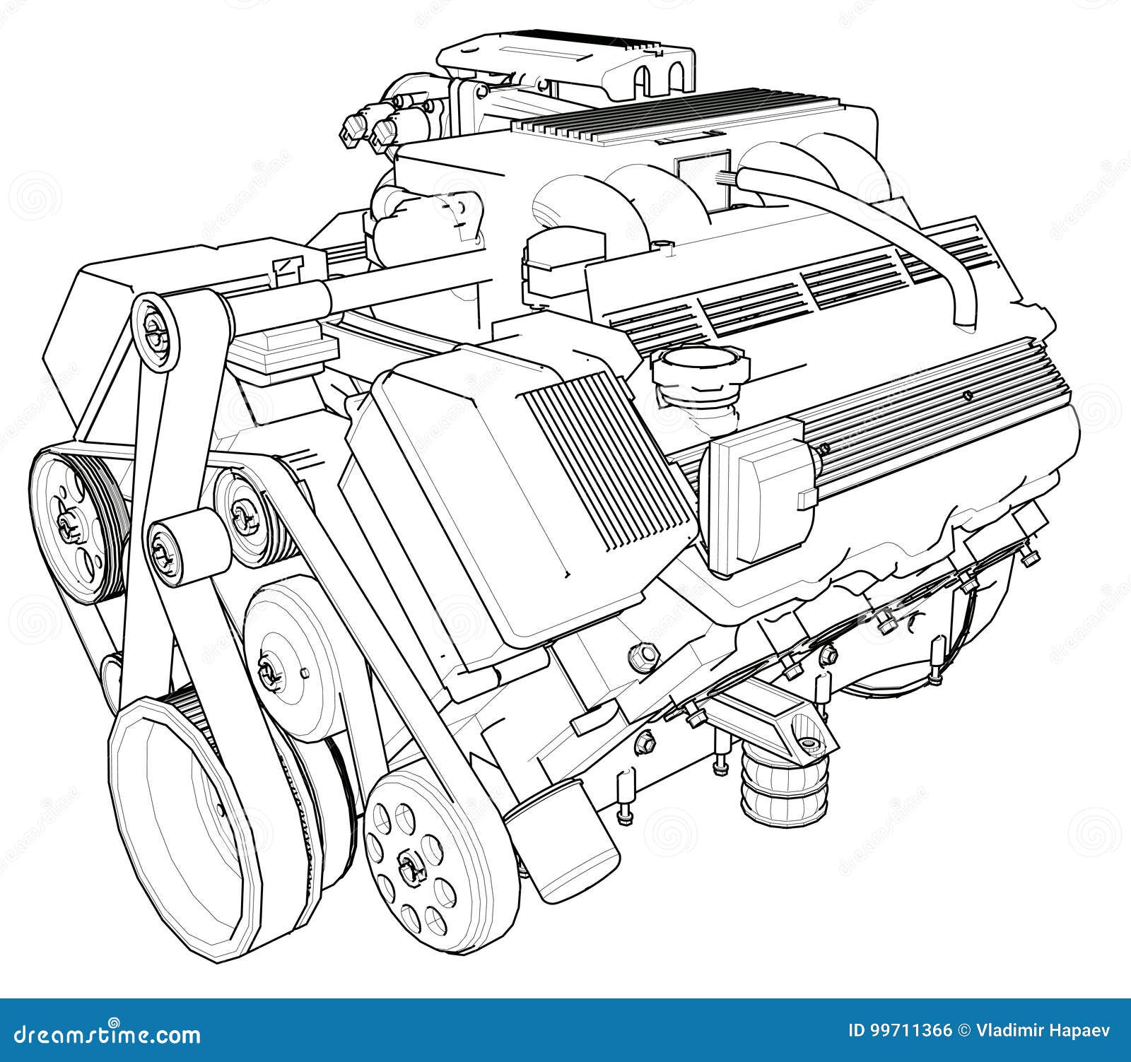 Powerful Car Engine. The Engine Is Drawn With Black Lines On A White ...