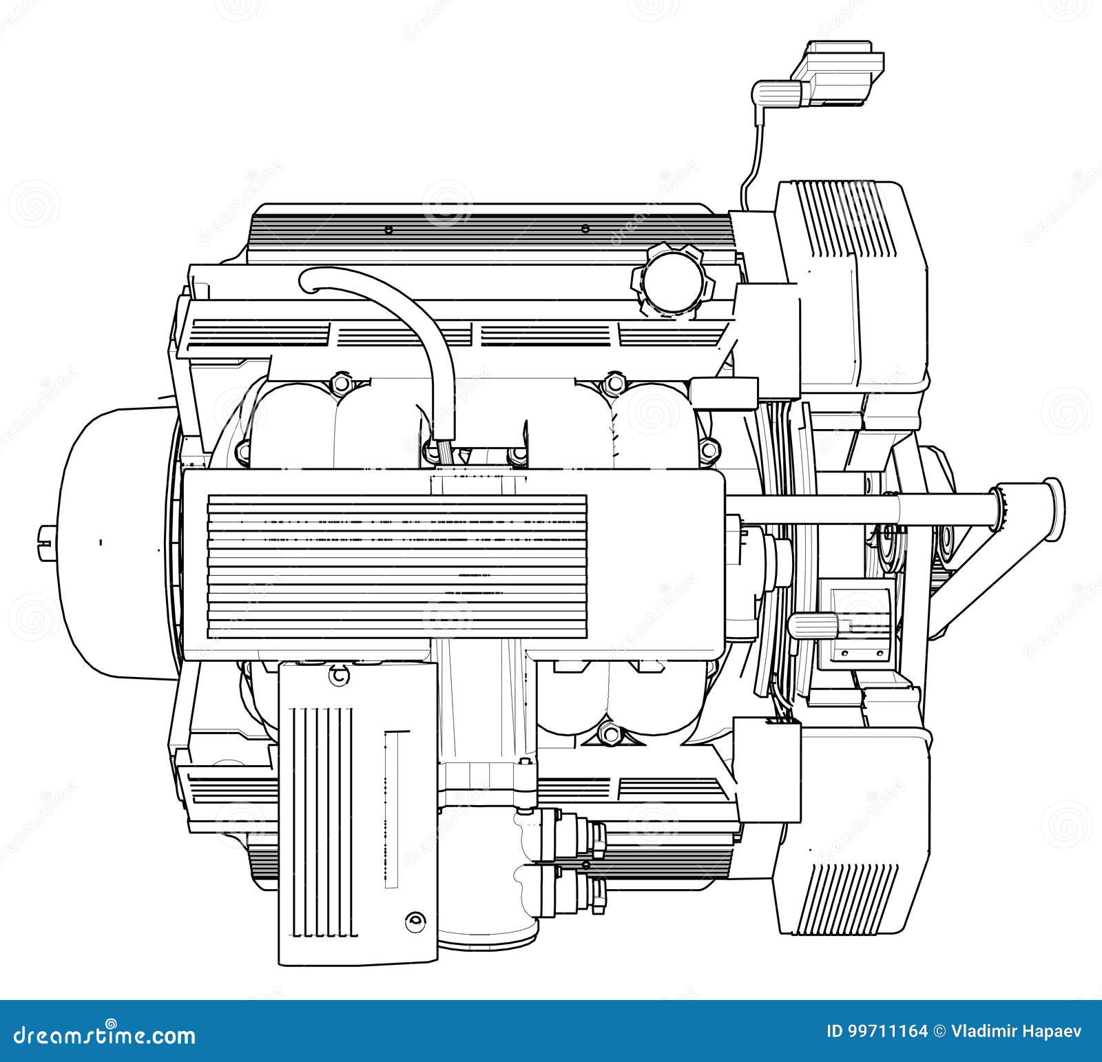 Powerful Car Engine. the Engine is Drawn with Black Lines on a White ...