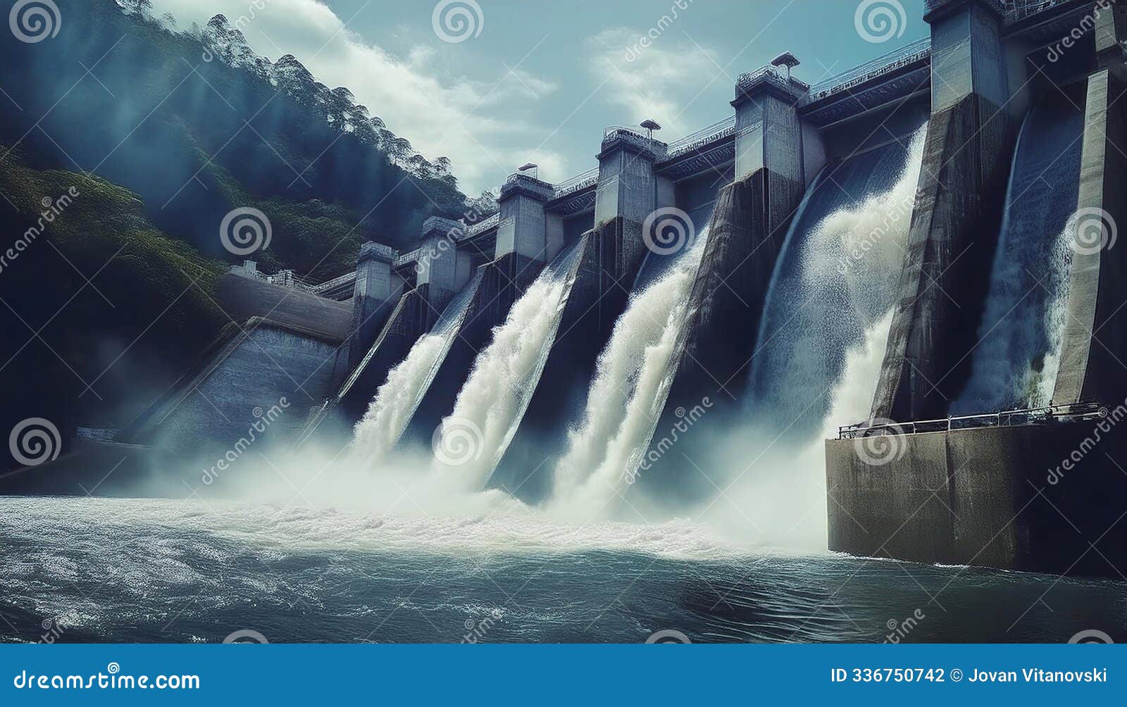 Powerful Cascading Waterfall Over a Large Dam Structure Stock ...